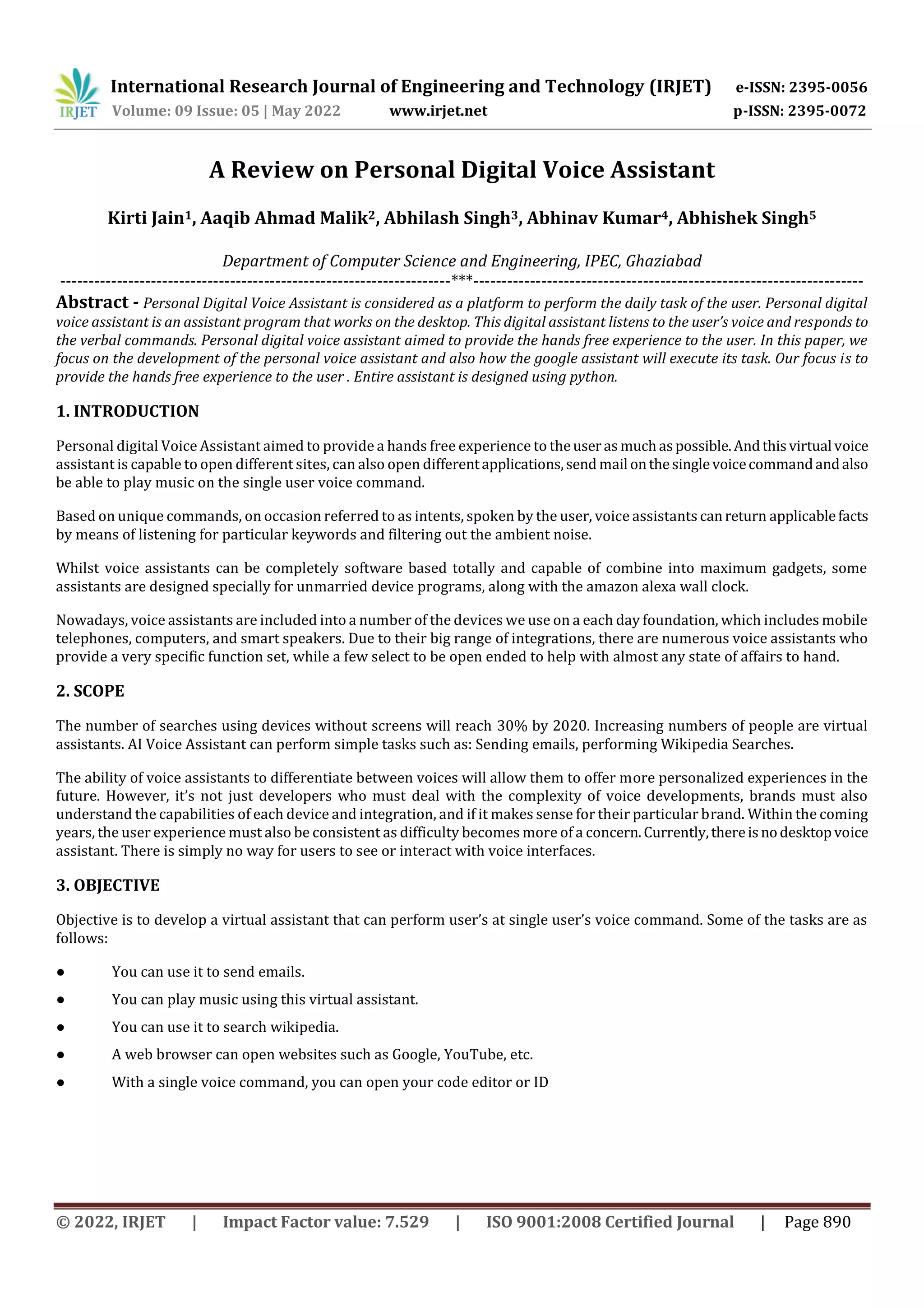 A Review on Personal Digital Voice Assistant | PDF | Computing ...