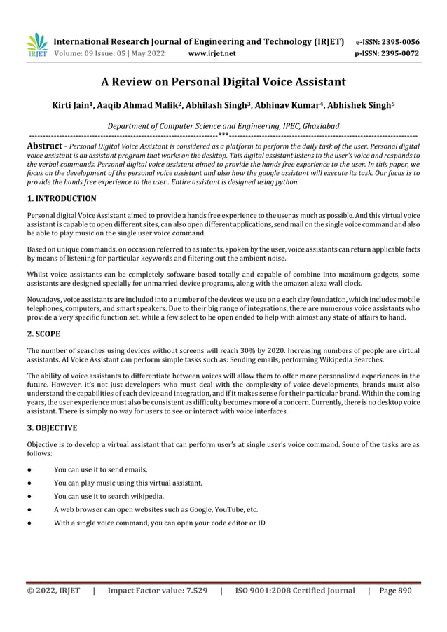 A Review on Personal Digital Voice Assistant | PDF | Computing | Technology & Computing