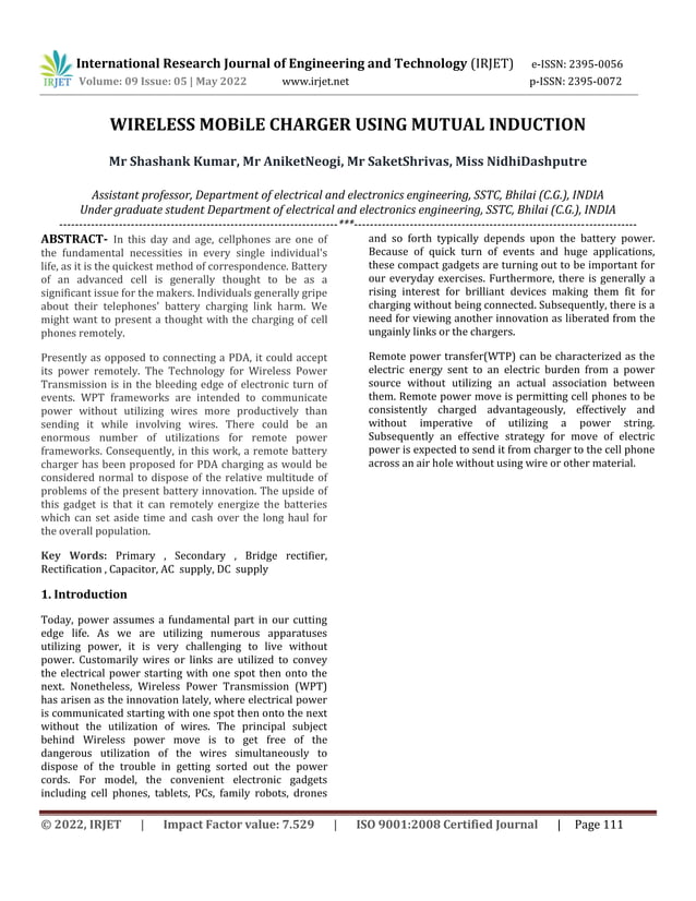 WIRELESS MOBiLE CHARGER USING MUTUAL INDUCTION | PDF