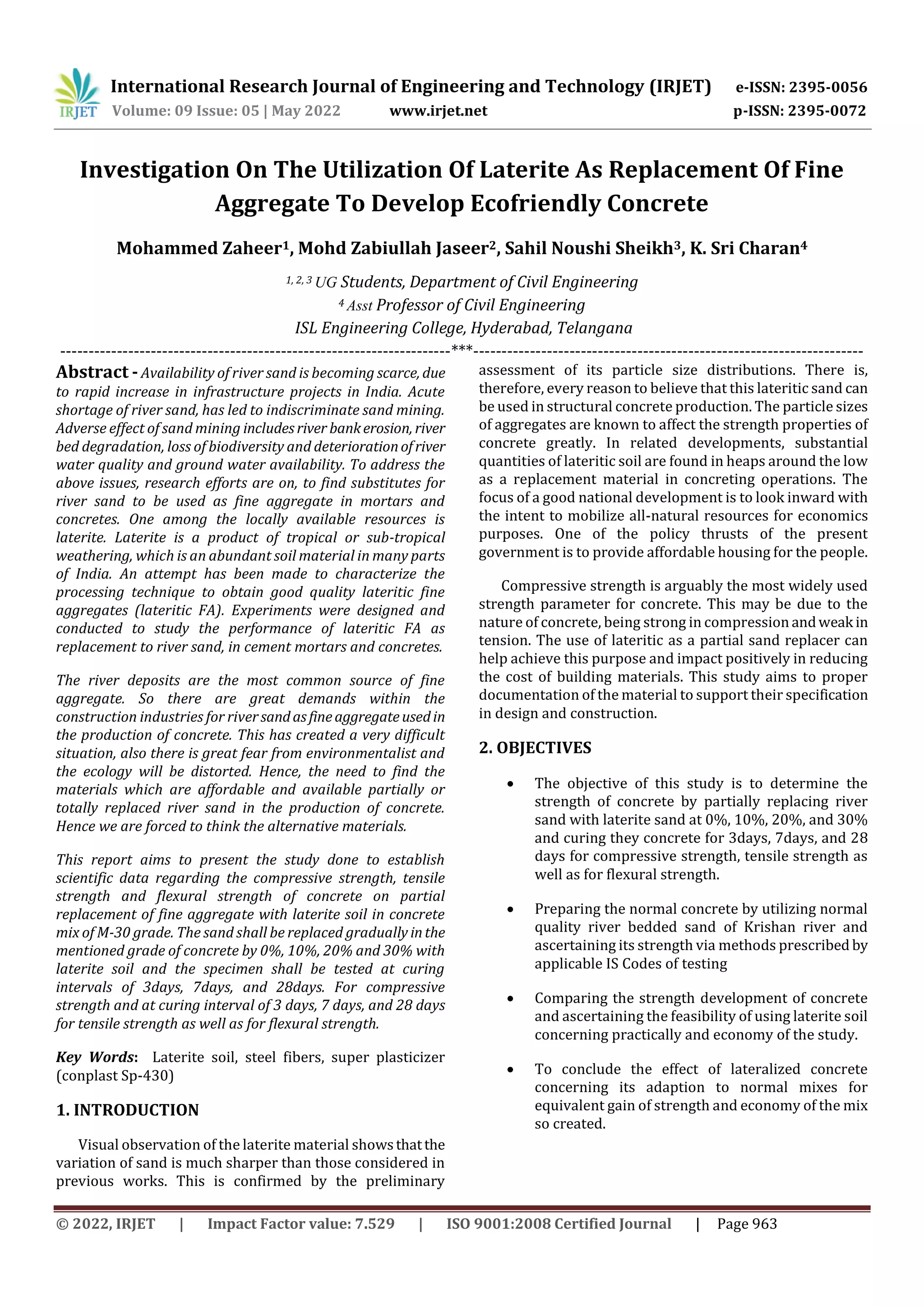 Investigation On The Utilization Of Laterite As Replacement Of Fine ...