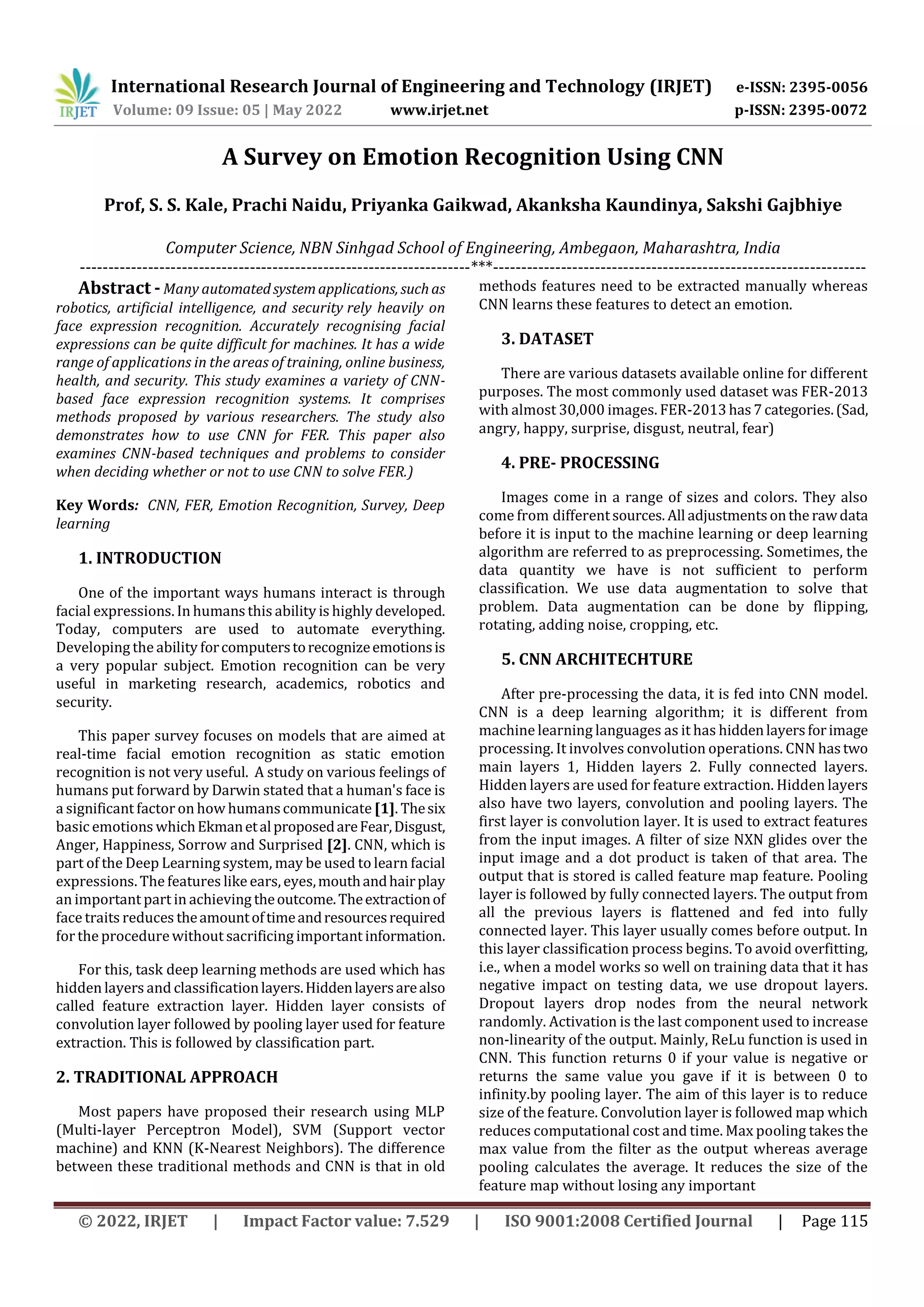 A Survey on Emotion Recognition Using CNN | PDF | Artificial Intelligence | Technology & Computing
