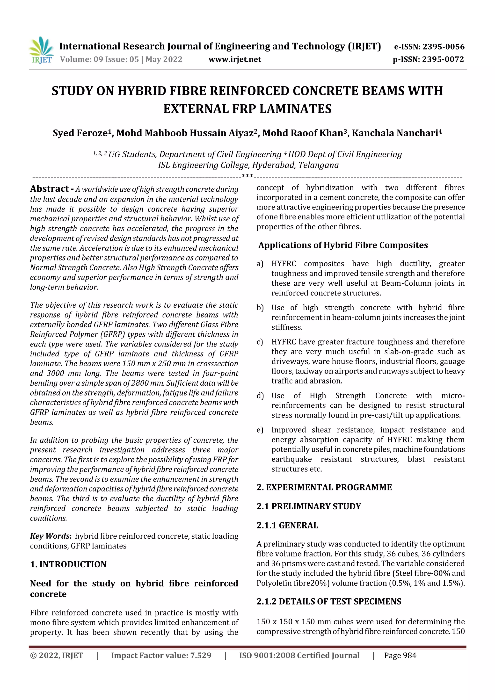 STUDY ON HYBRID FIBRE REINFORCED CONCRETE BEAMS WITH EXTERNAL FRP ...