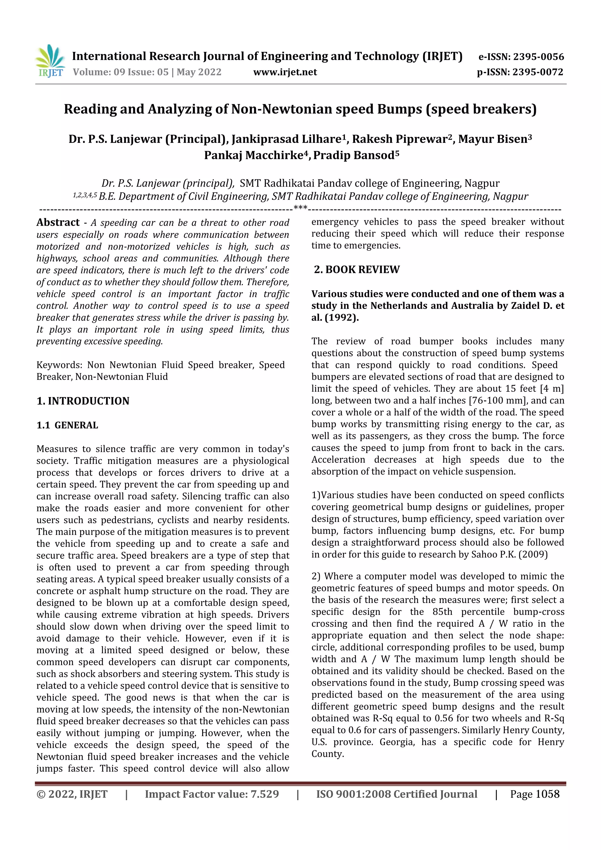 Reading and Analyzing of Non-Newtonian speed Bumps (speed breakers) | PDF