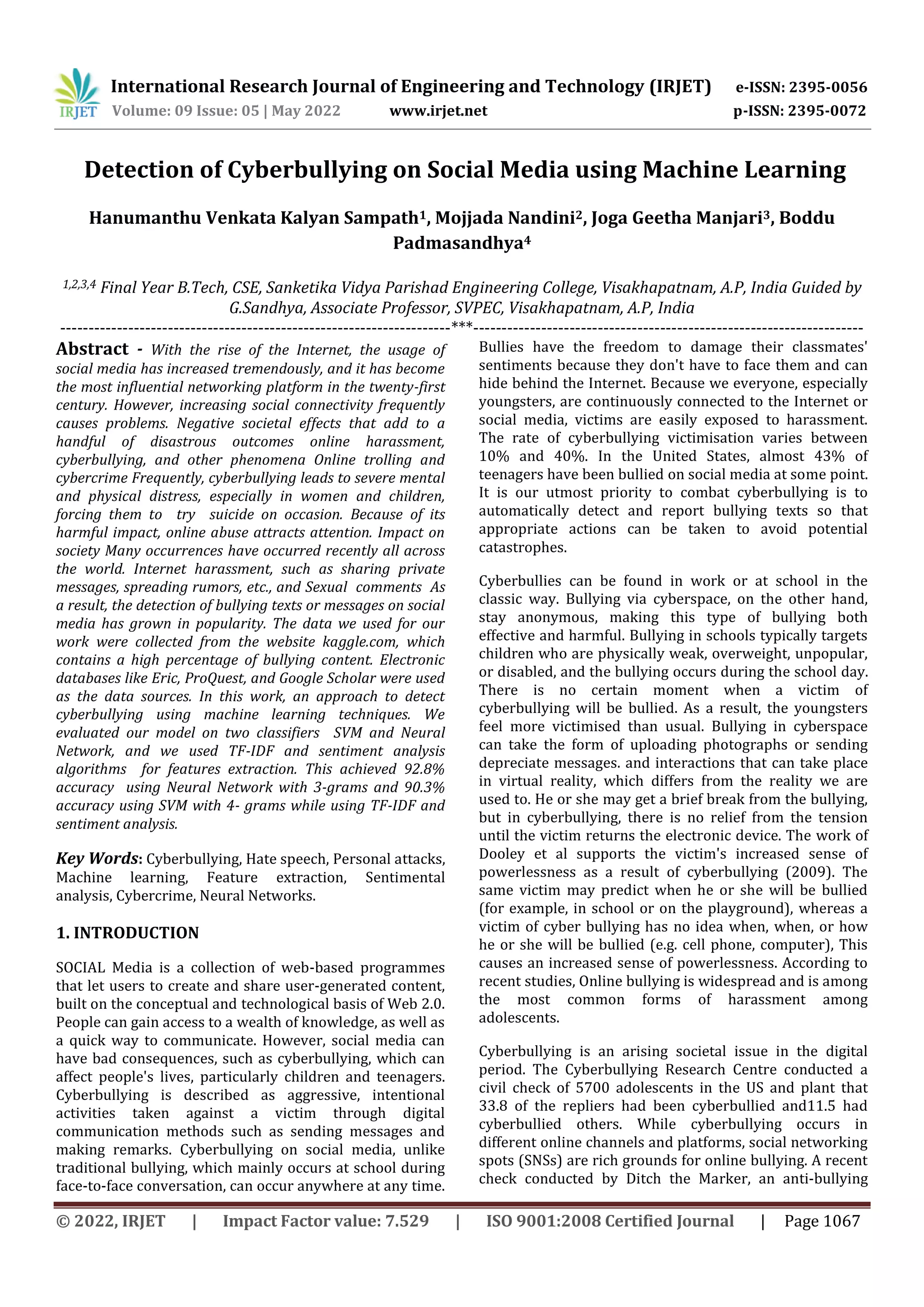 Detection of Cyberbullying on Social Media using Machine Learning | PDF