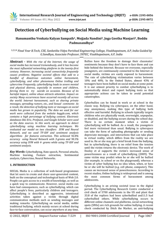 Detection of Cyberbullying on Social Media using Machine Learning | PDF