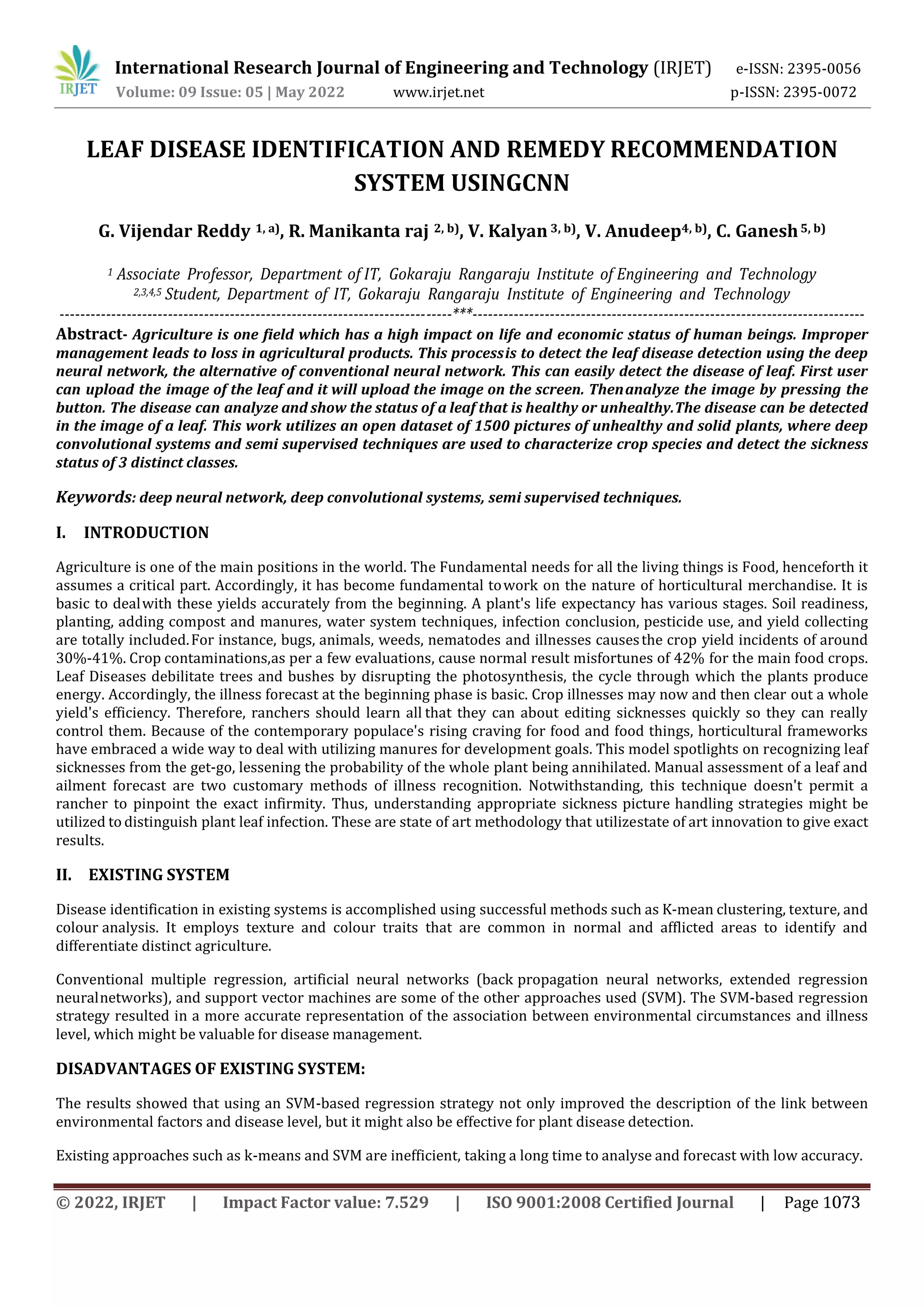 LEAF DISEASE IDENTIFICATION AND REMEDY RECOMMENDATION SYSTEM USINGCNN | PDF
