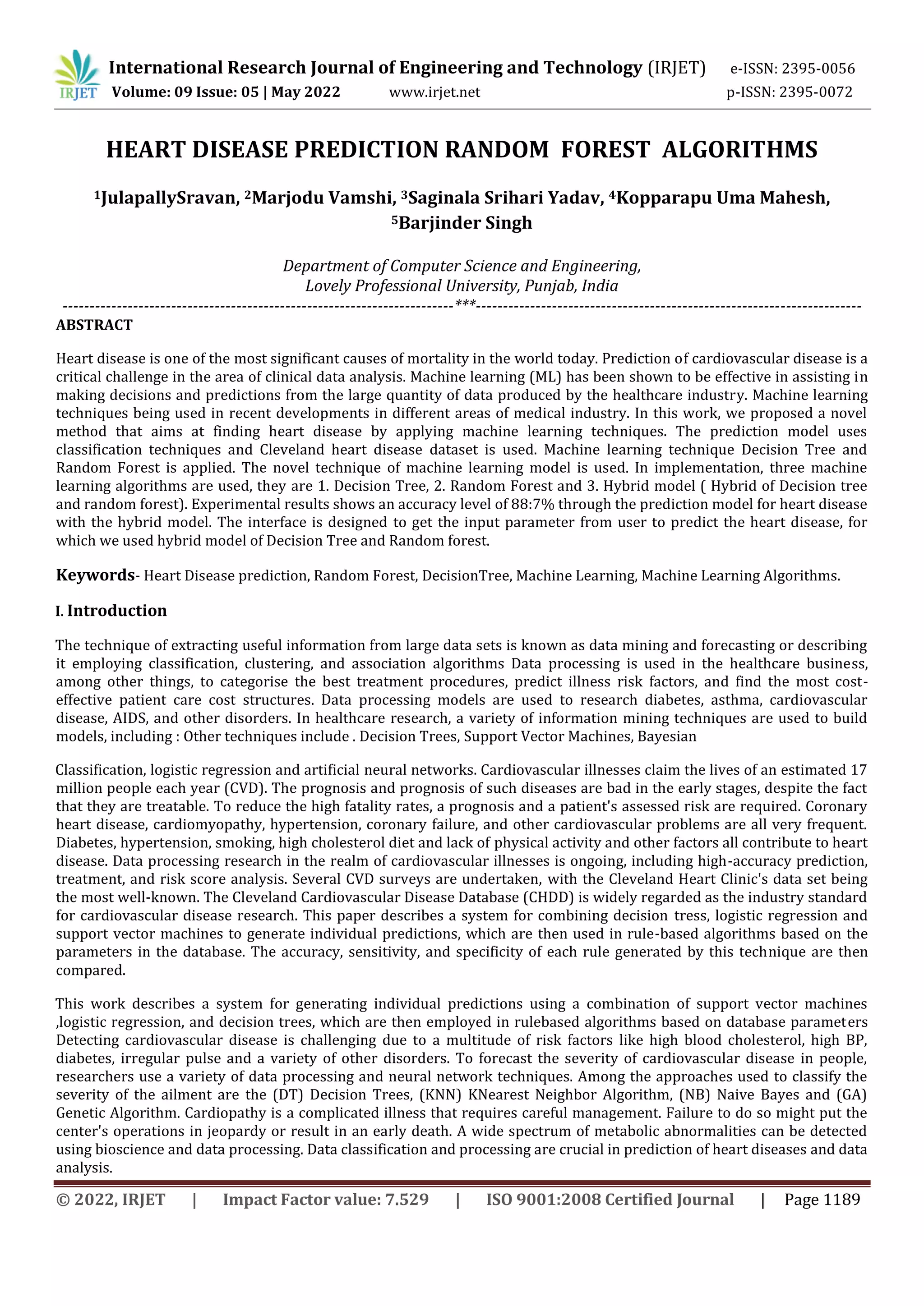 HEART DISEASE PREDICTION RANDOM FOREST ALGORITHMS | PDF | Heart and Cardiovascular Diseases ...
