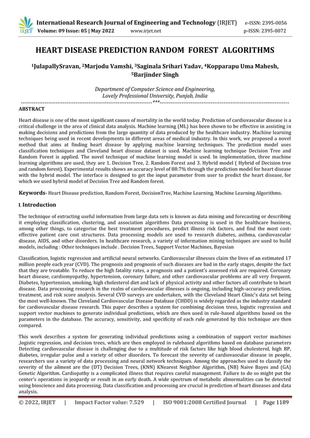 HEART DISEASE PREDICTION RANDOM FOREST ALGORITHMS | PDF | Heart and Cardiovascular Diseases ...