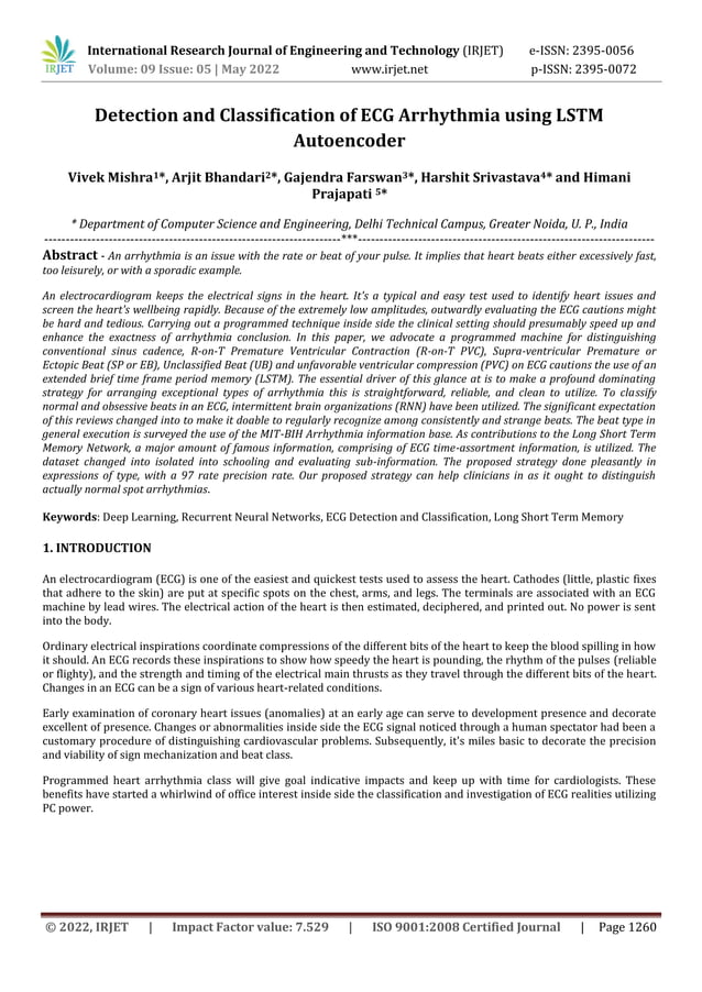Detection And Classification Of Ecg Arrhythmia Using Lstm Autoencoder Pdf