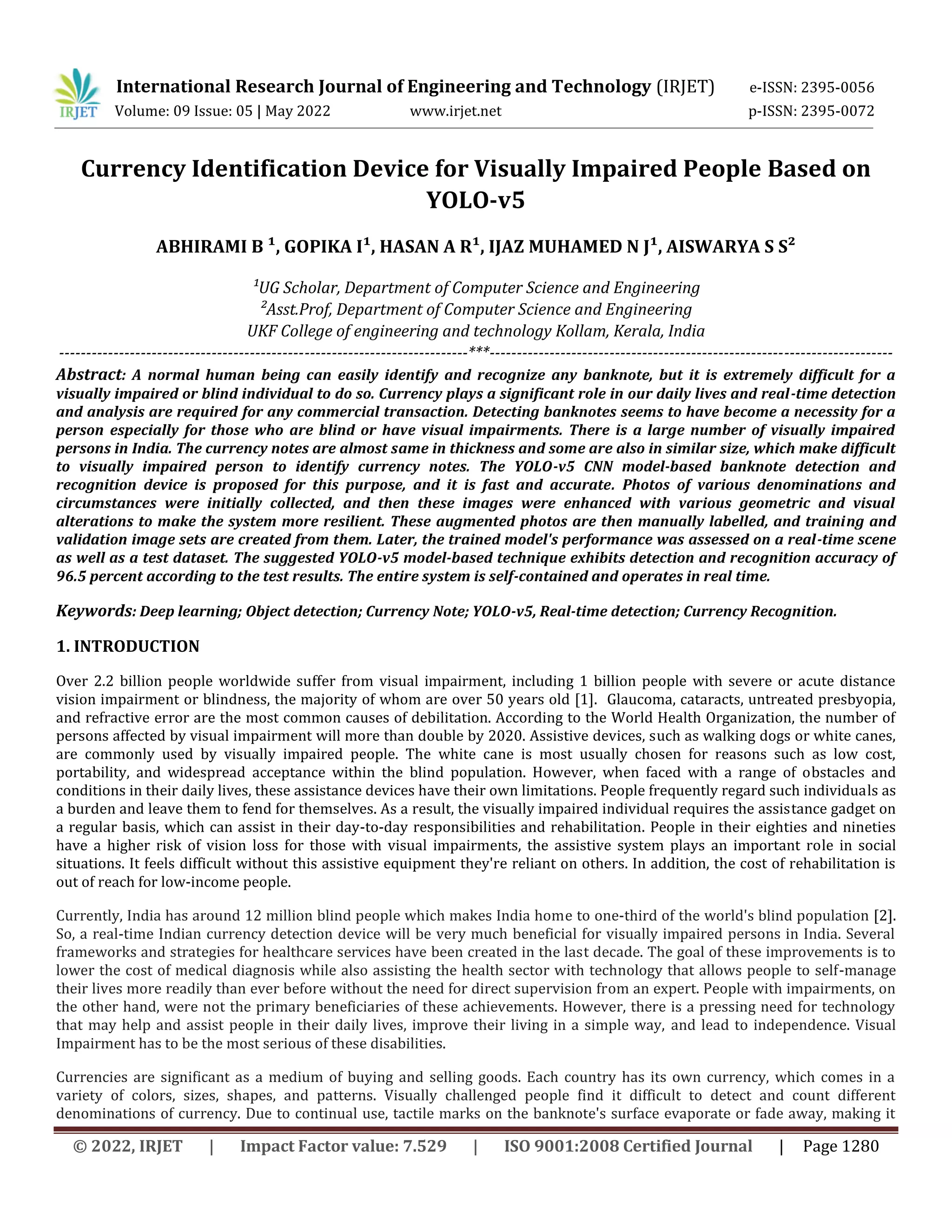 Currency Identification Device for Visually Impaired People Based on ...