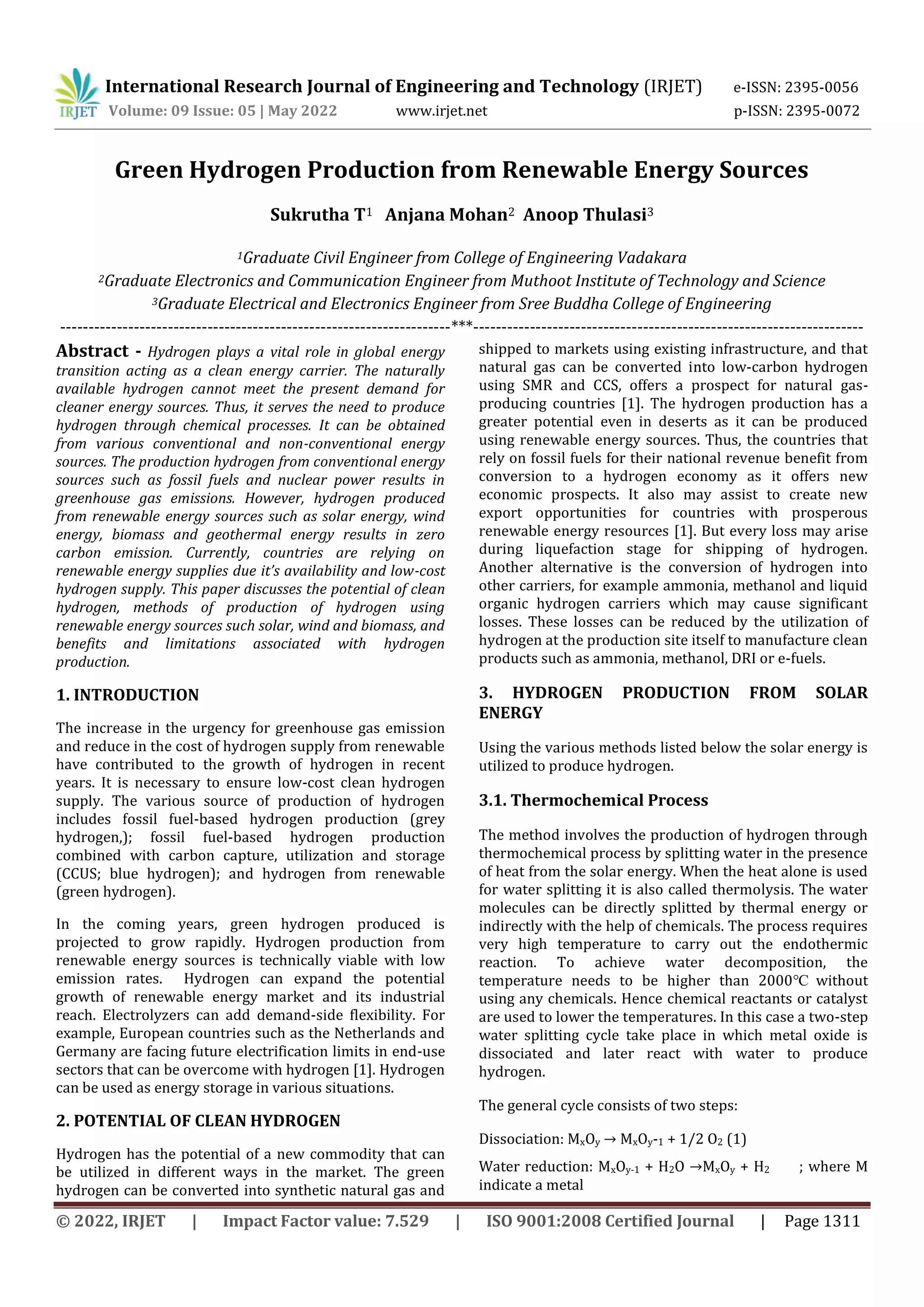 Green Hydrogen Production from Renewable Energy Sources | PDF