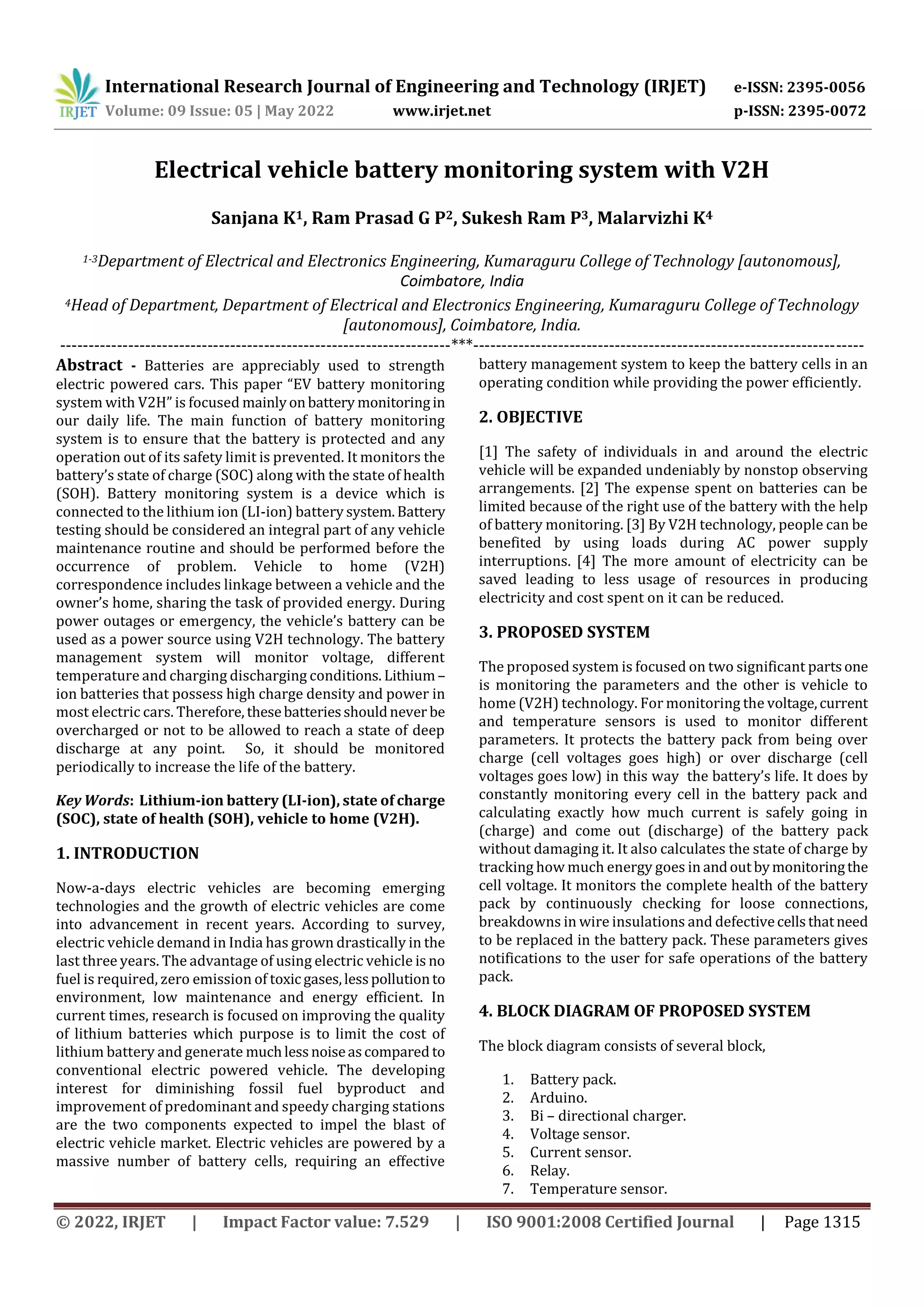 Electrical vehicle battery monitoring system with V2H | PDF