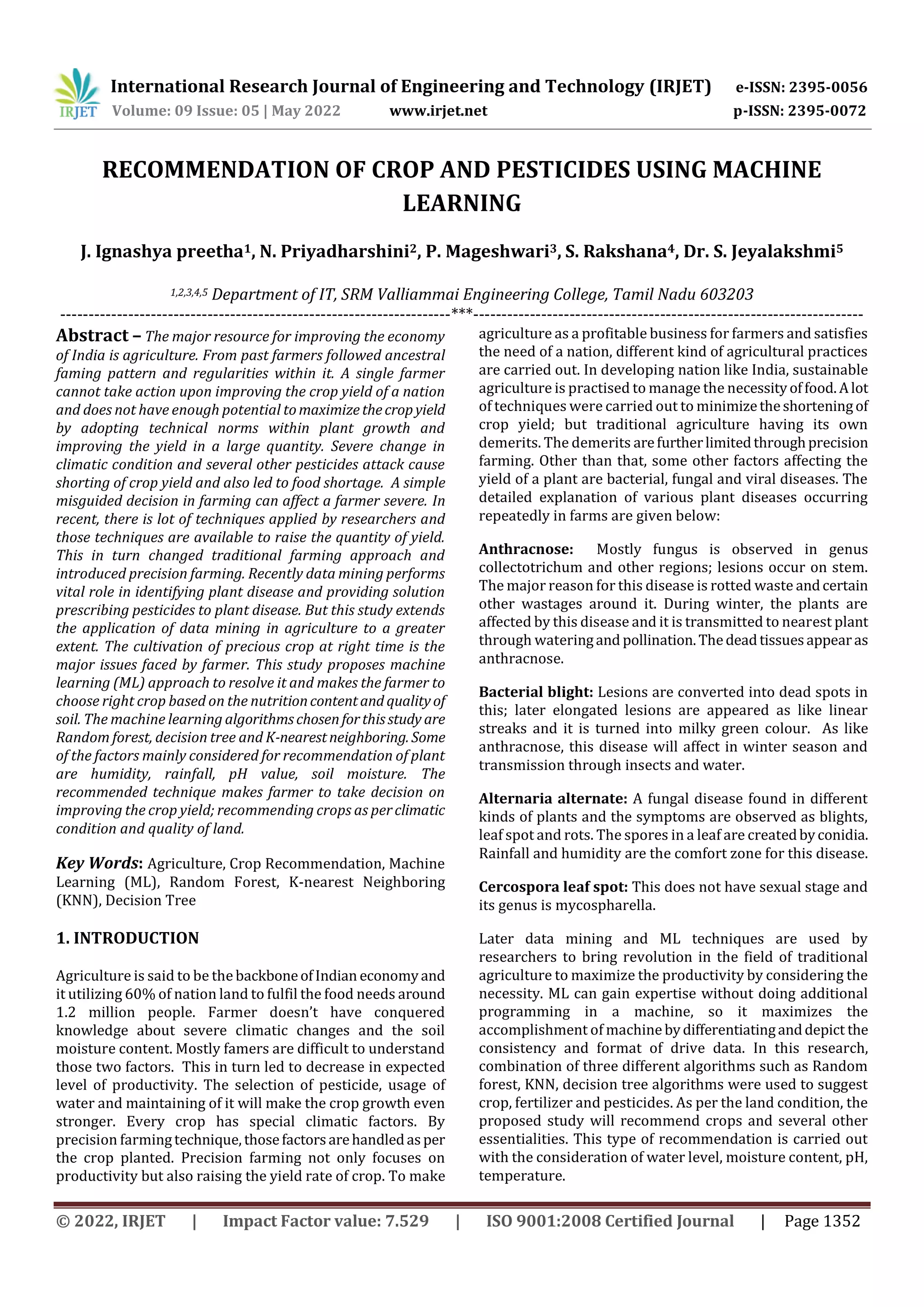 RECOMMENDATION OF CROP AND PESTICIDES USING MACHINE LEARNING | PDF