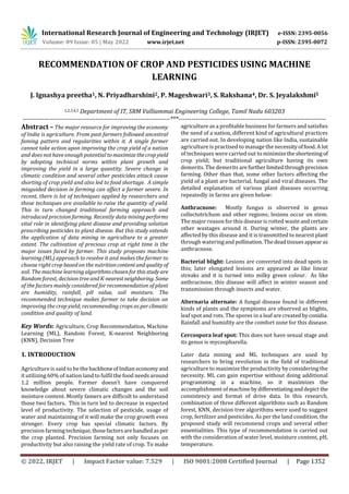 RECOMMENDATION OF CROP AND PESTICIDES USING MACHINE LEARNING | PDF