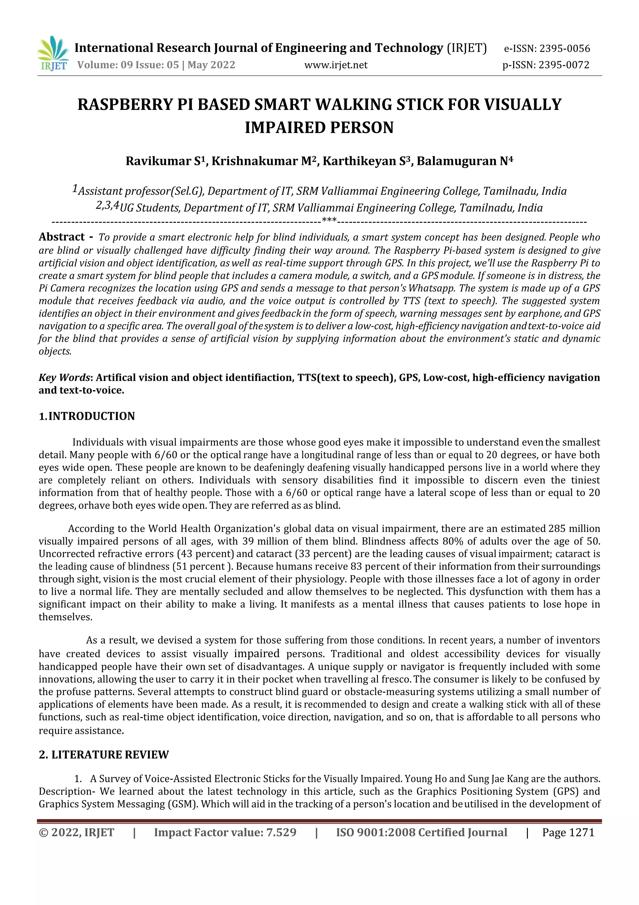 RASPBERRY PI BASED SMART WALKING STICK FOR VISUALLY IMPAIRED PERSON ...