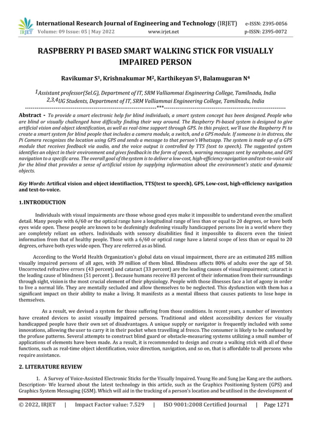 RASPBERRY PI BASED SMART WALKING STICK FOR VISUALLY IMPAIRED PERSON ...