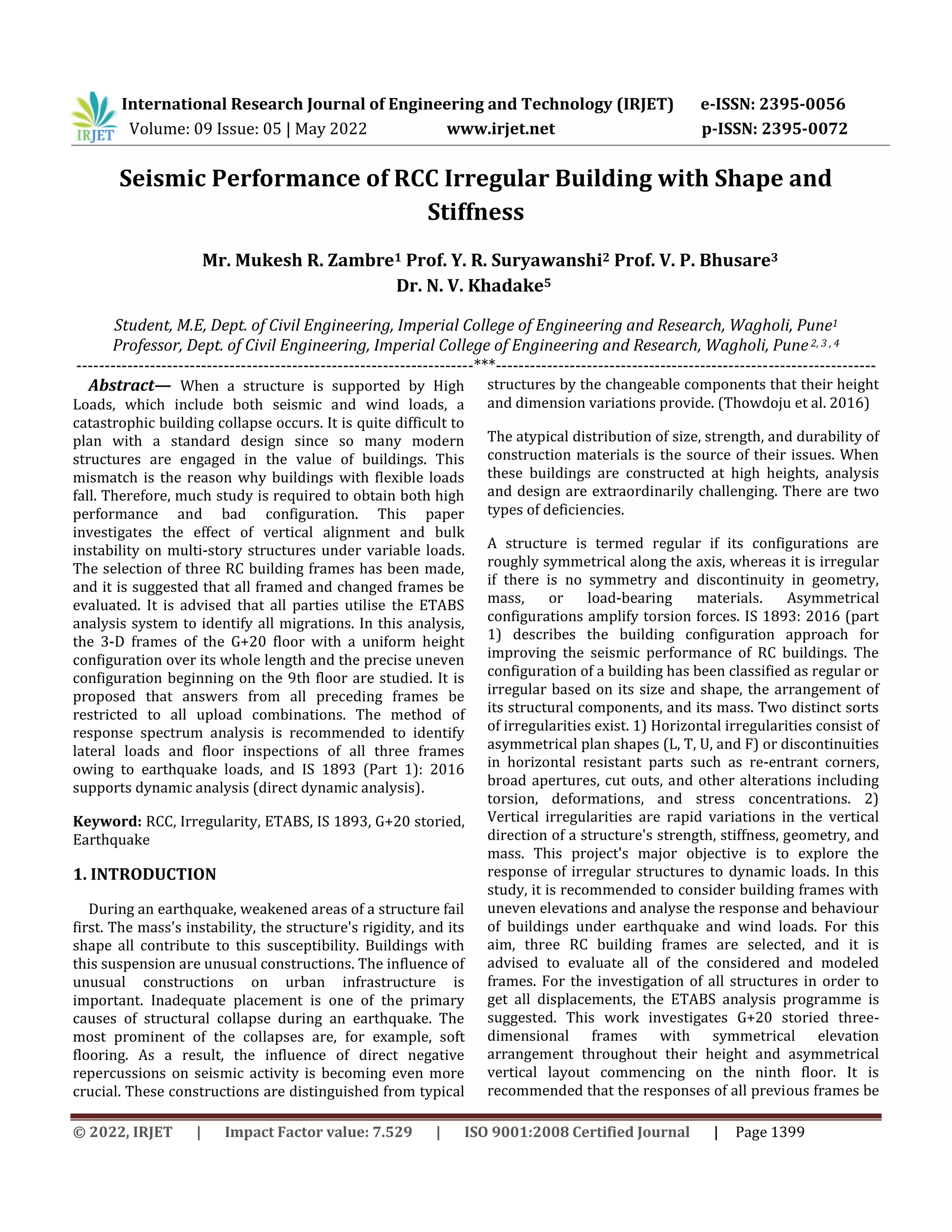Seismic Performance of RCC Irregular Building with Shape and Stiffness | PDF