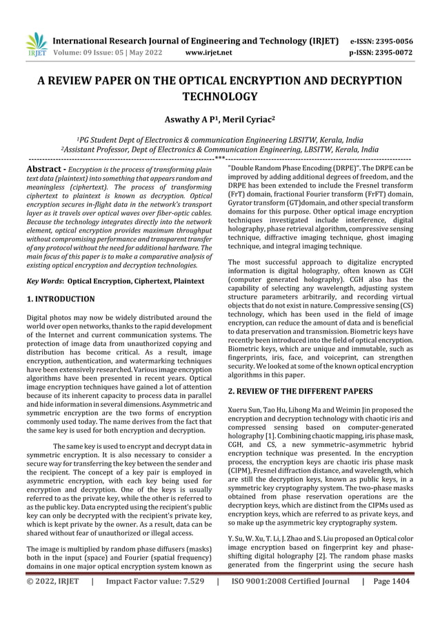 A REVIEW PAPER ON THE OPTICAL ENCRYPTION AND DECRYPTION TECHNOLOGY | PDF