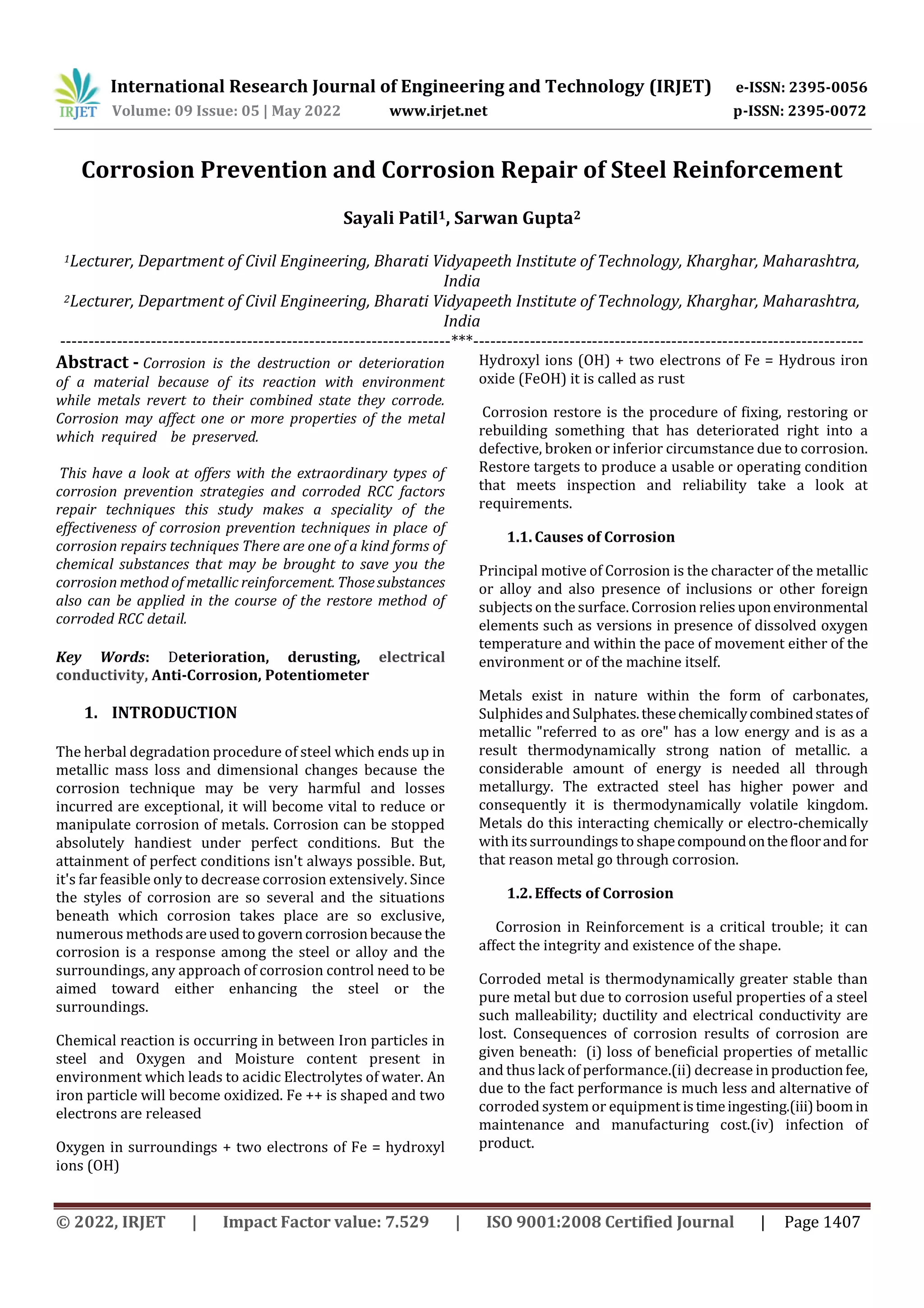 Corrosion Prevention and Corrosion Repair of Steel Reinforcement | PDF