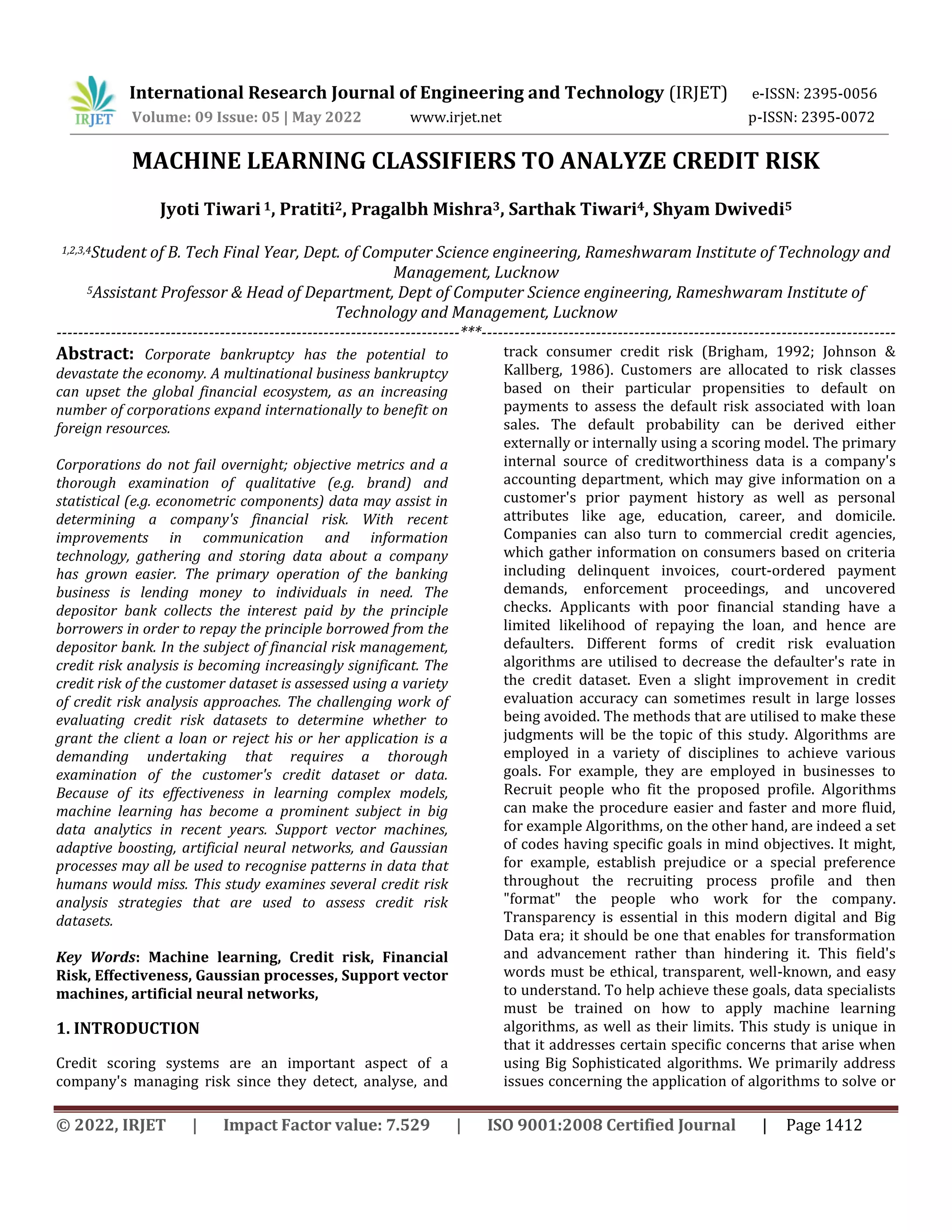 MACHINE LEARNING CLASSIFIERS TO ANALYZE CREDIT RISK | PDF | Financial Industry | Industries