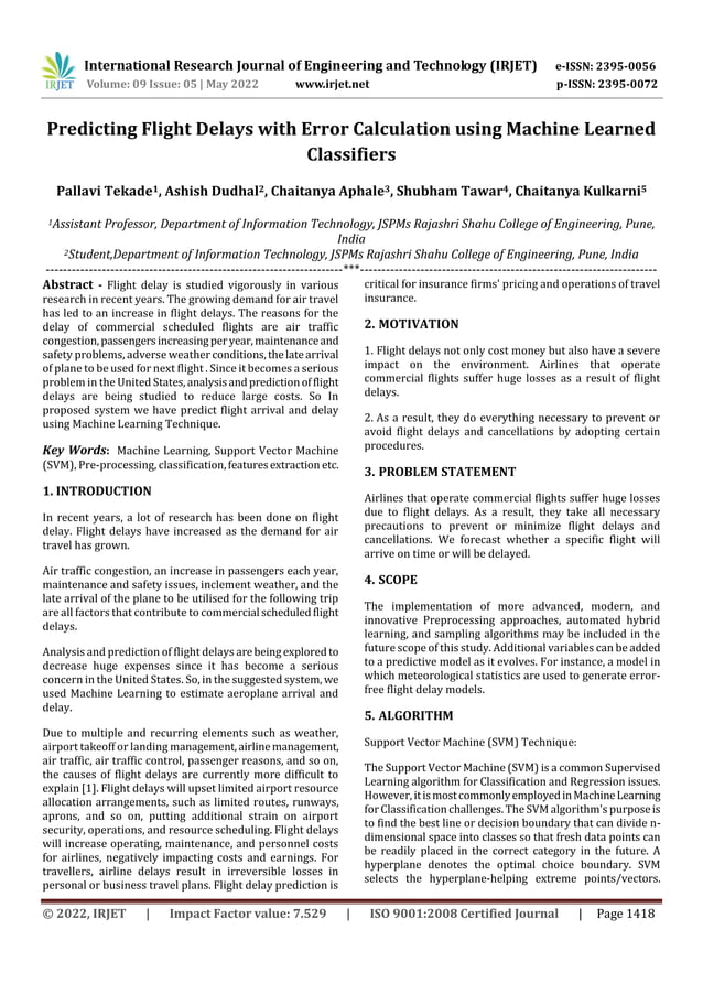 Predicting Flight Delays with Error Calculation using Machine Learned Classifiers | PDF