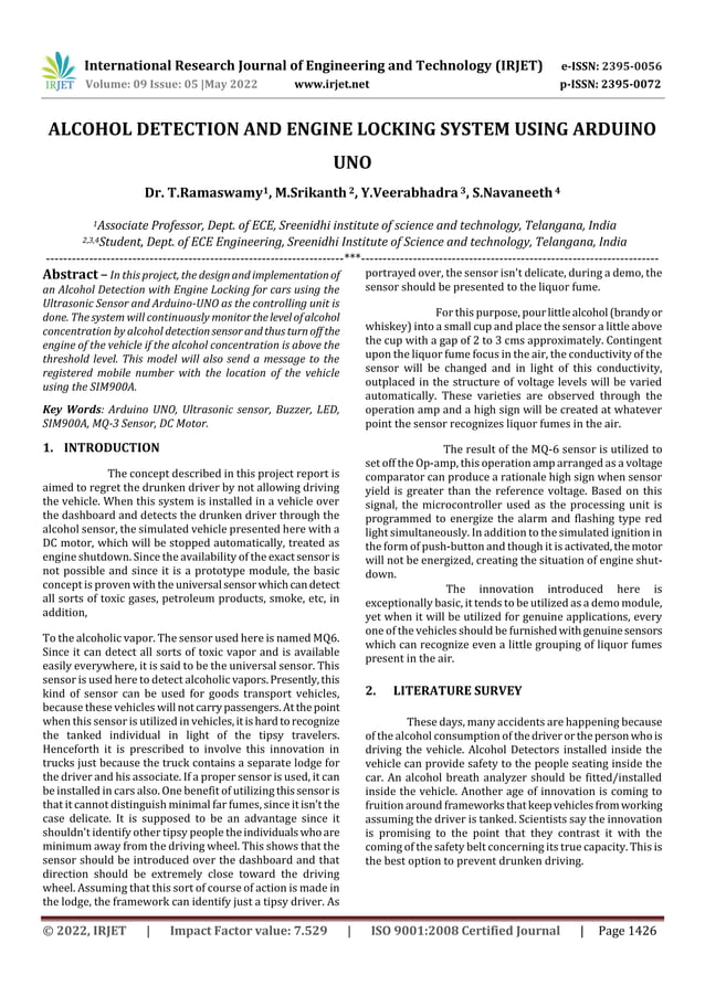 ALCOHOL DETECTION AND ENGINE LOCKING SYSTEM USING ARDUINO UNO | PDF