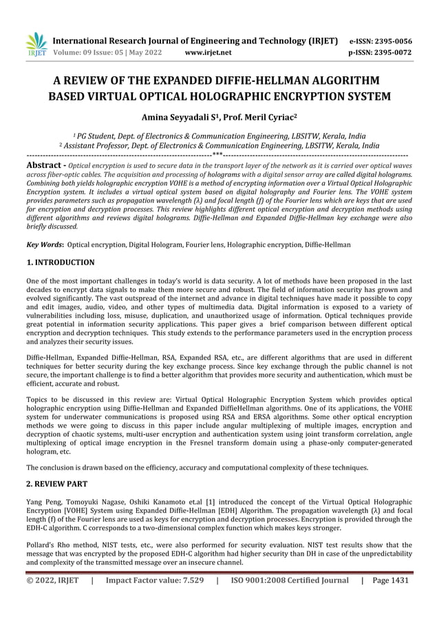 A REVIEW OF THE EXPANDED DIFFIE-HELLMAN ALGORITHM BASED VIRTUAL OPTICAL HOLOGRAPHIC ENCRYPTION ...