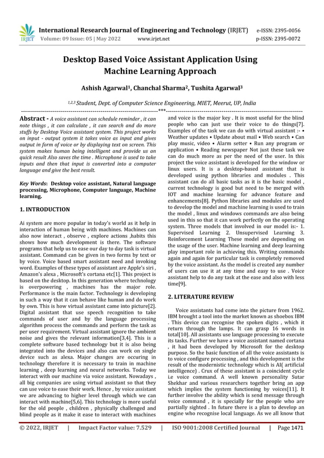 Desktop Based Voice Assistant Application Using Machine Learning Approach | PDF