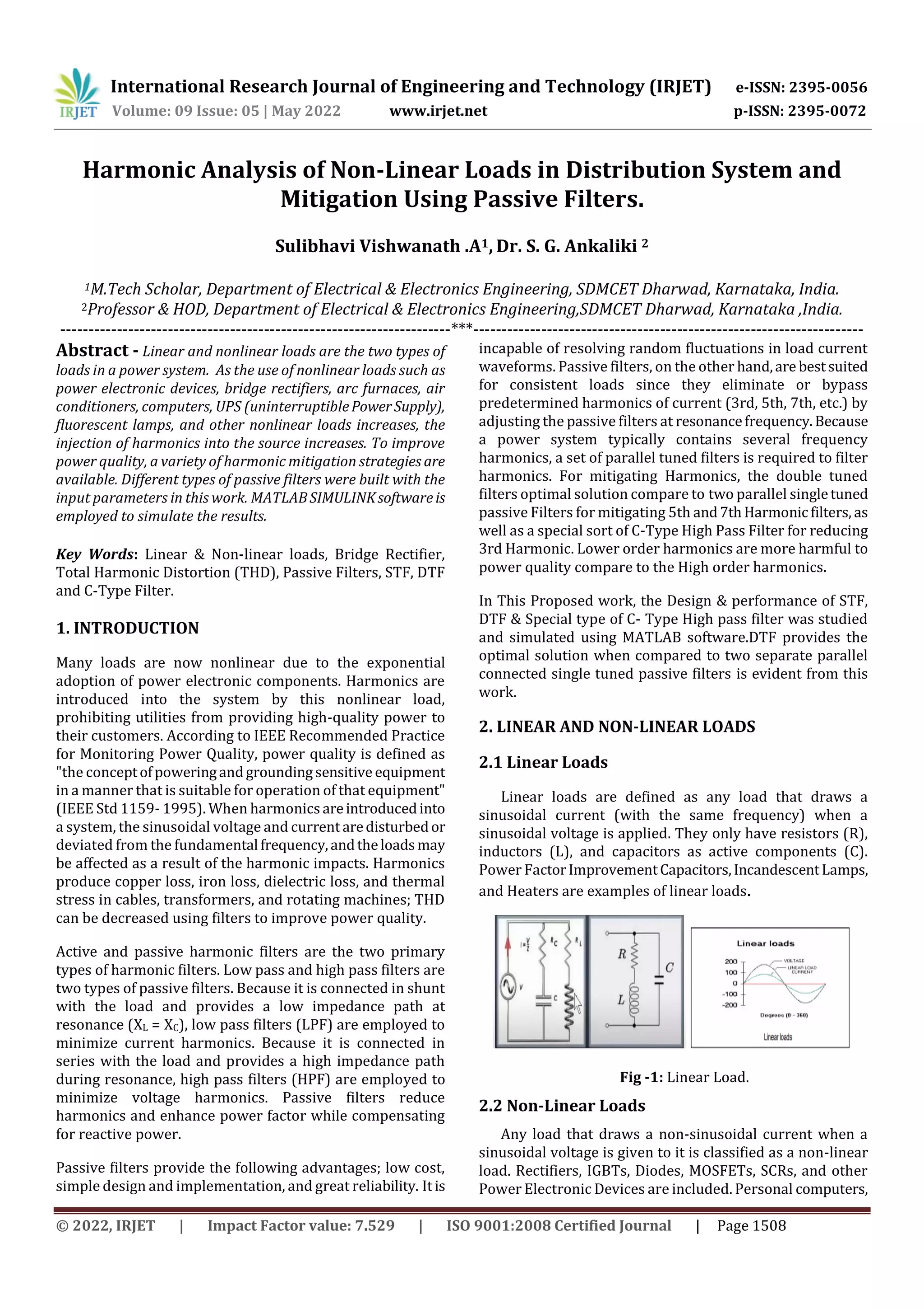 Harmonic Analysis of Non-Linear Loads in Distribution System and Mitigation Using Passive ...
