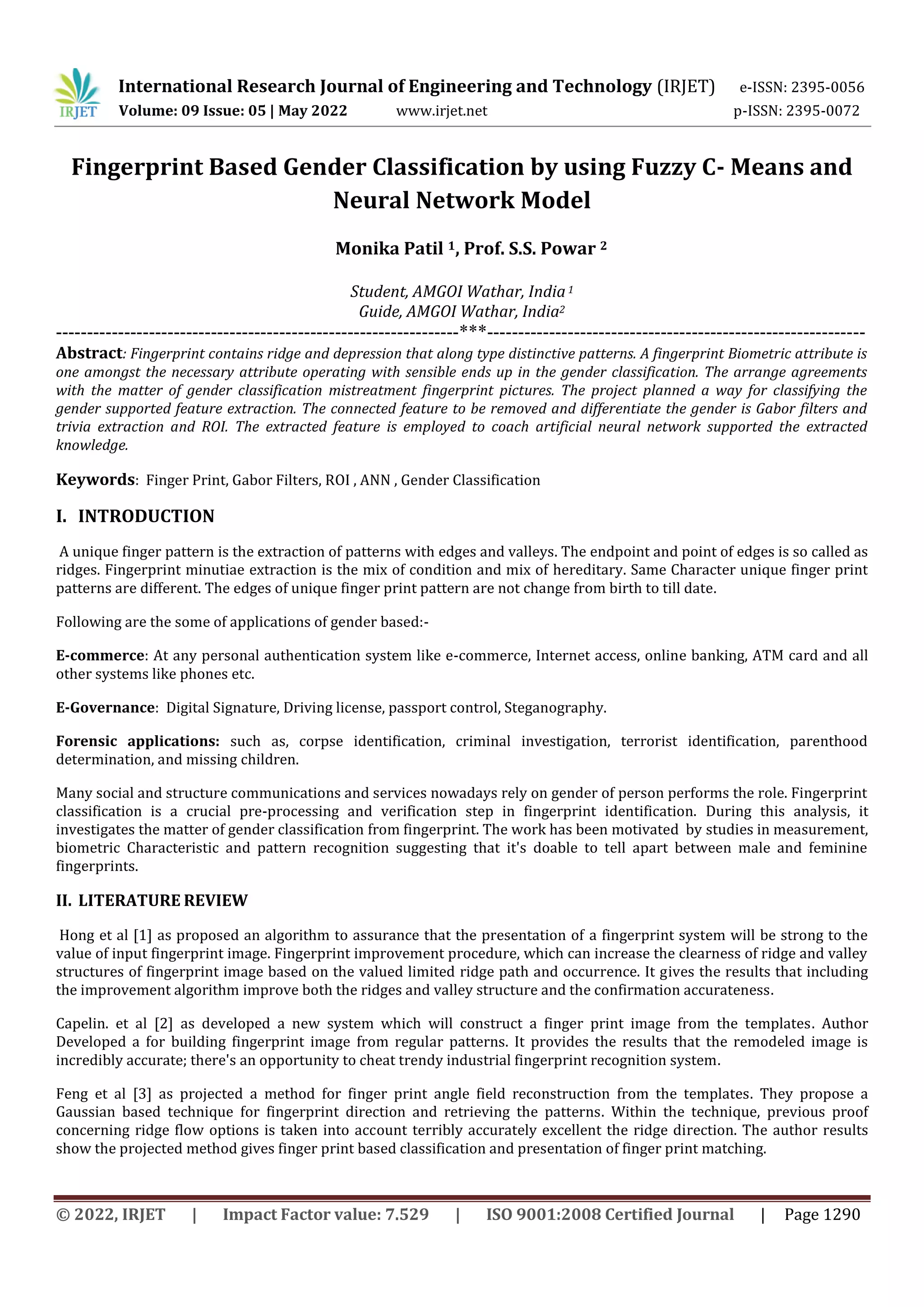 Fingerprint Based Gender Classification by using Fuzzy C- Means and Neural Network Model | PDF