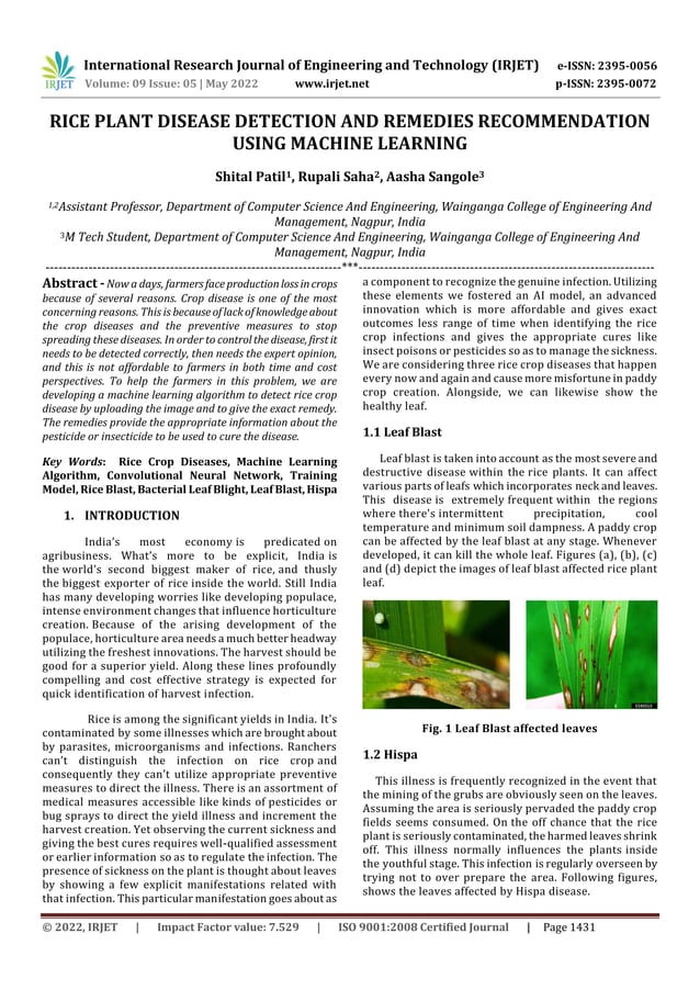RICE PLANT DISEASE DETECTION AND REMEDIES RECOMMENDATION USING MACHINE ...