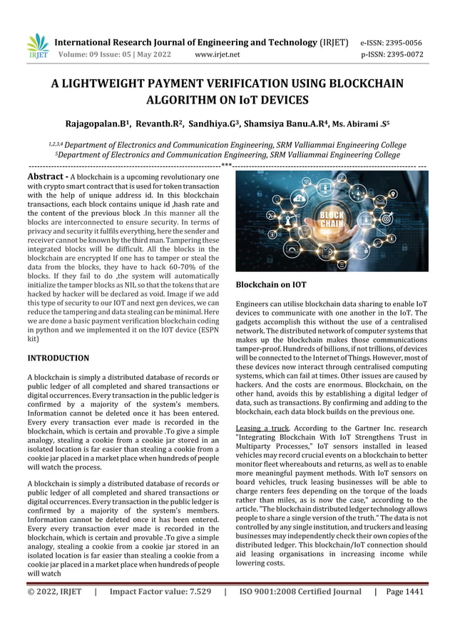 A LIGHTWEIGHT PAYMENT VERIFICATION USING BLOCKCHAIN ALGORITHM ON IoT DEVICES | PDF | Internet ...
