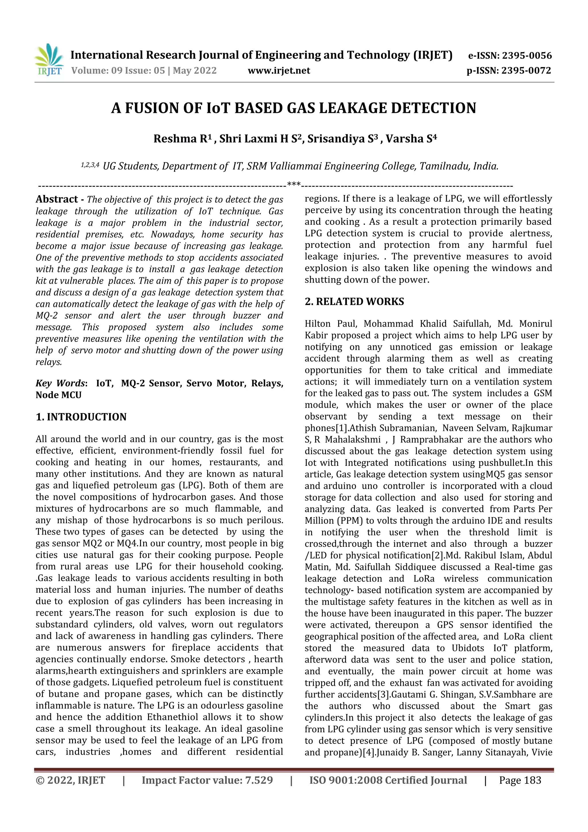 A FUSION OF IoT BASED GAS LEAKAGE DETECTION | PDF