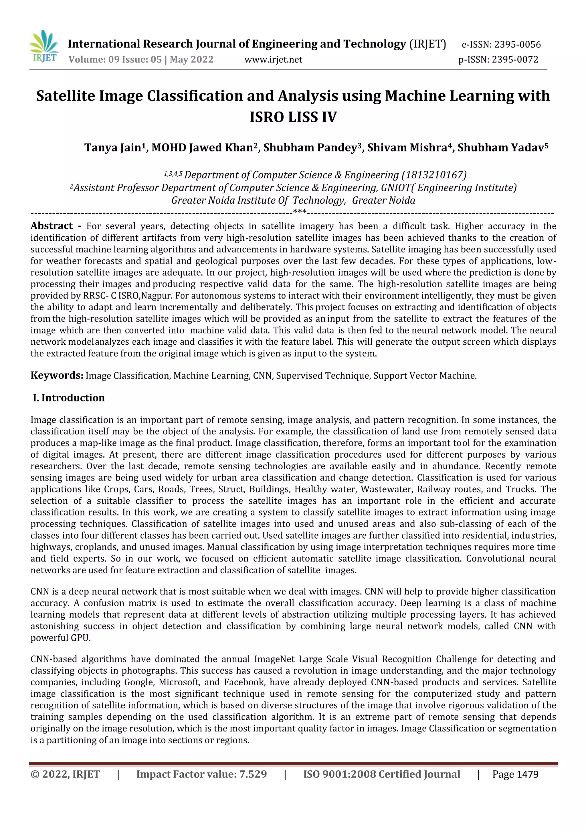 Satellite Image Classification and Analysis using Machine Learning with ISRO LISS IV | PDF