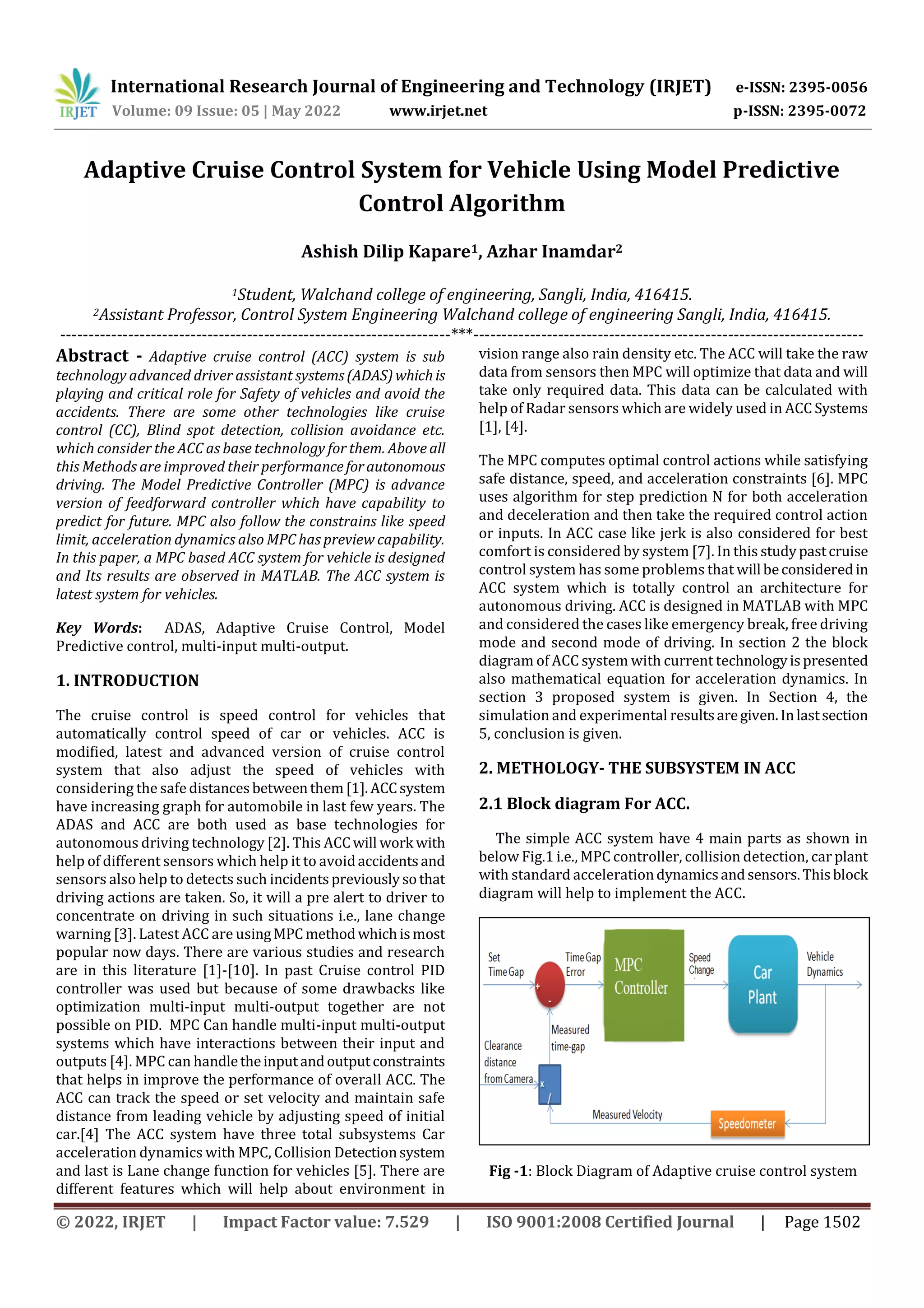 Adaptive Cruise Control System for Vehicle Using Model Predictive Control Algorithm | PDF
