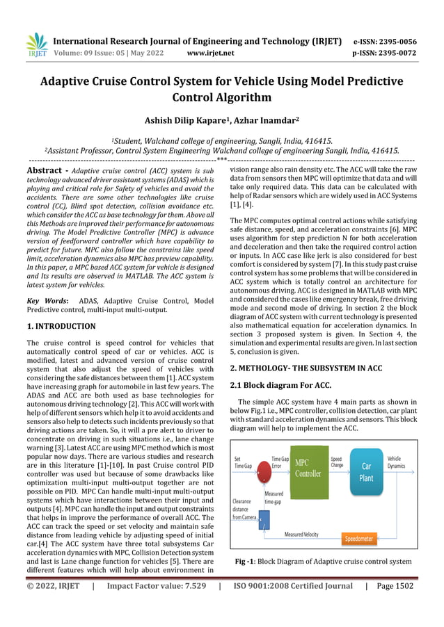 Adaptive Cruise Control System for Vehicle Using Model Predictive Control Algorithm | PDF