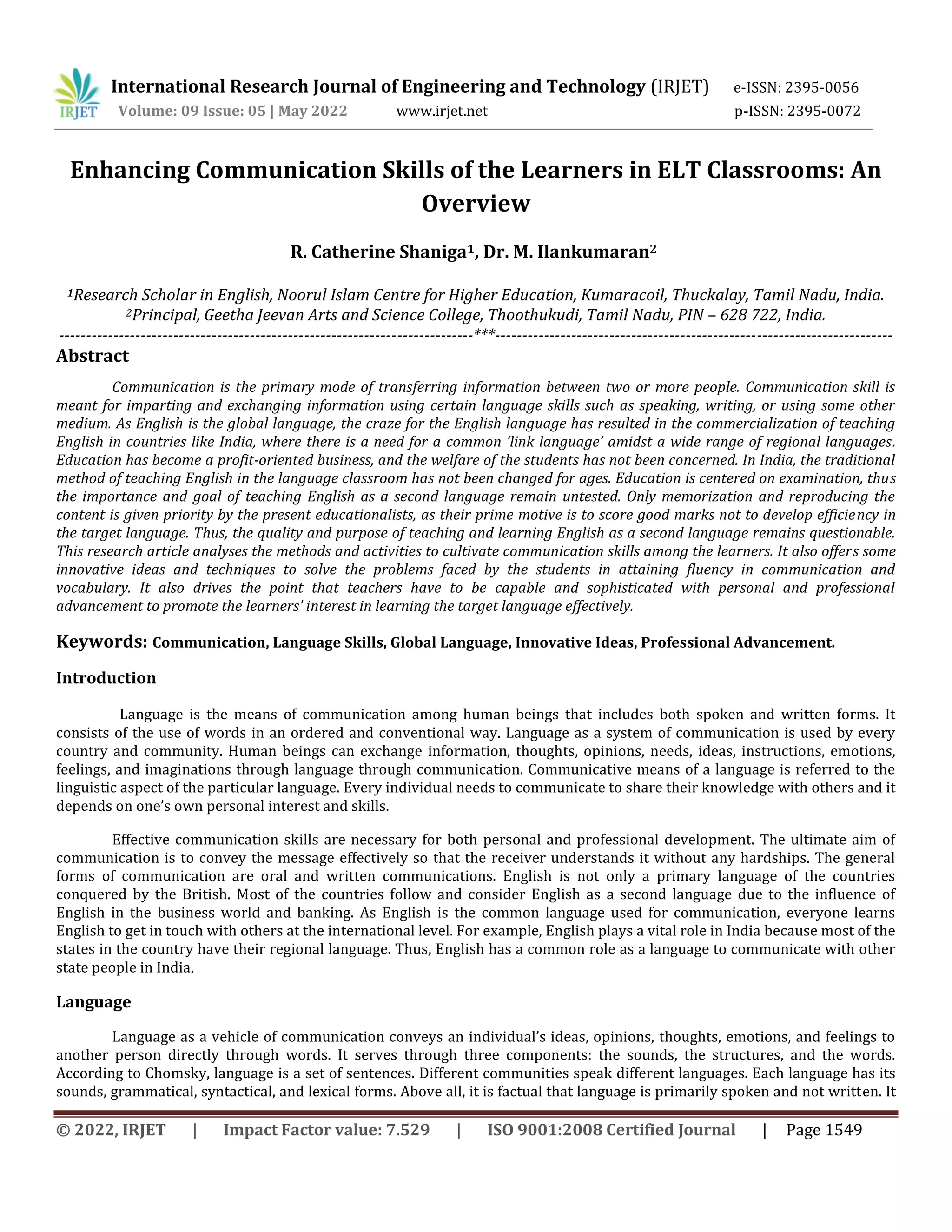 Enhancing Communication Skills of the Learners in ELT Classrooms: An Overview | PDF