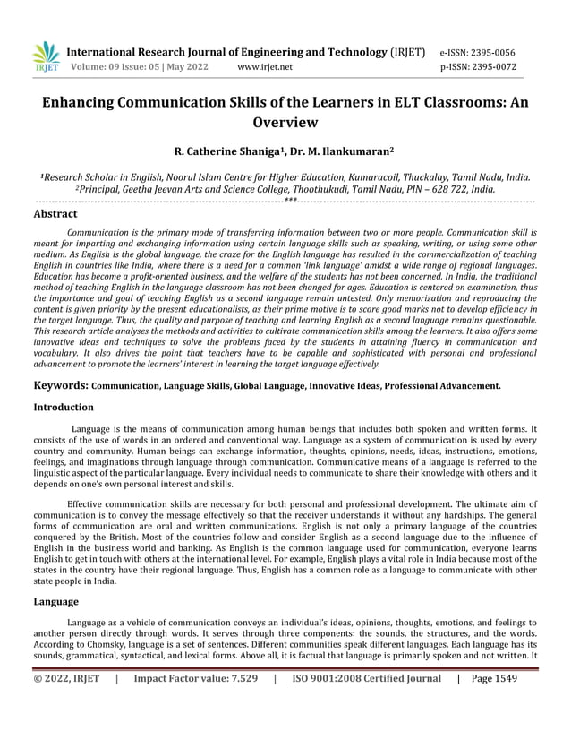 Enhancing Communication Skills of the Learners in ELT Classrooms: An ...