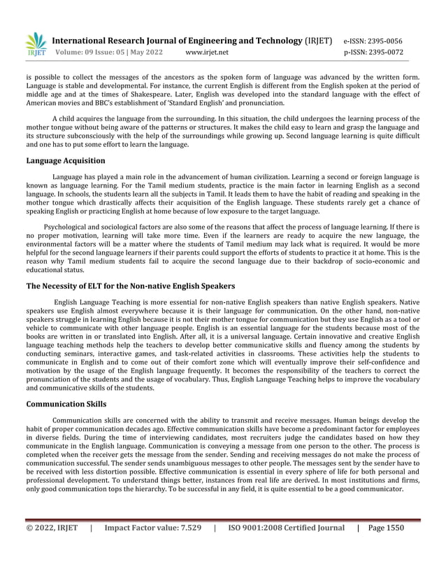 Enhancing Communication Skills of the Learners in ELT Classrooms: An Overview | PDF | Education