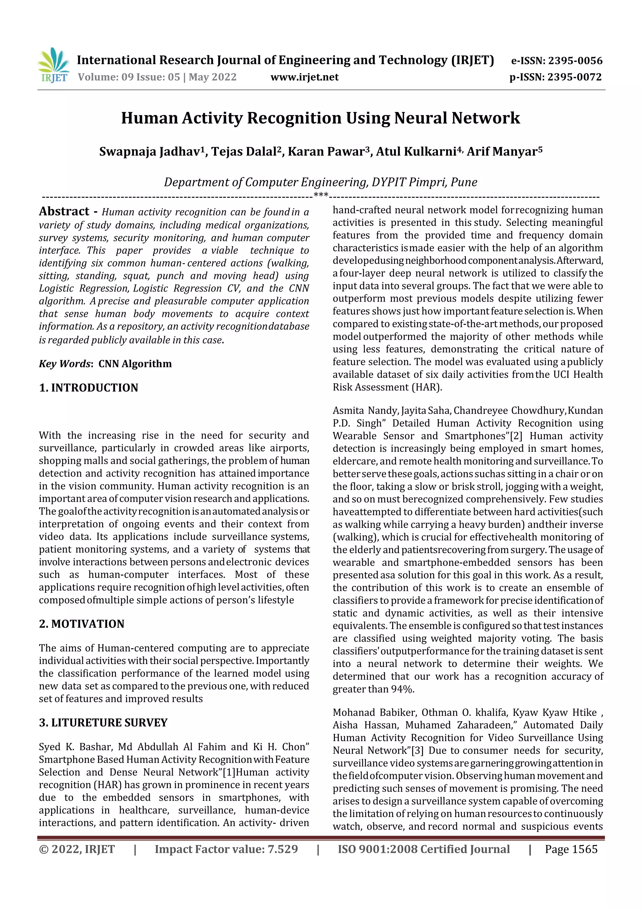 Human Activity Recognition Using Neural Network | PDF