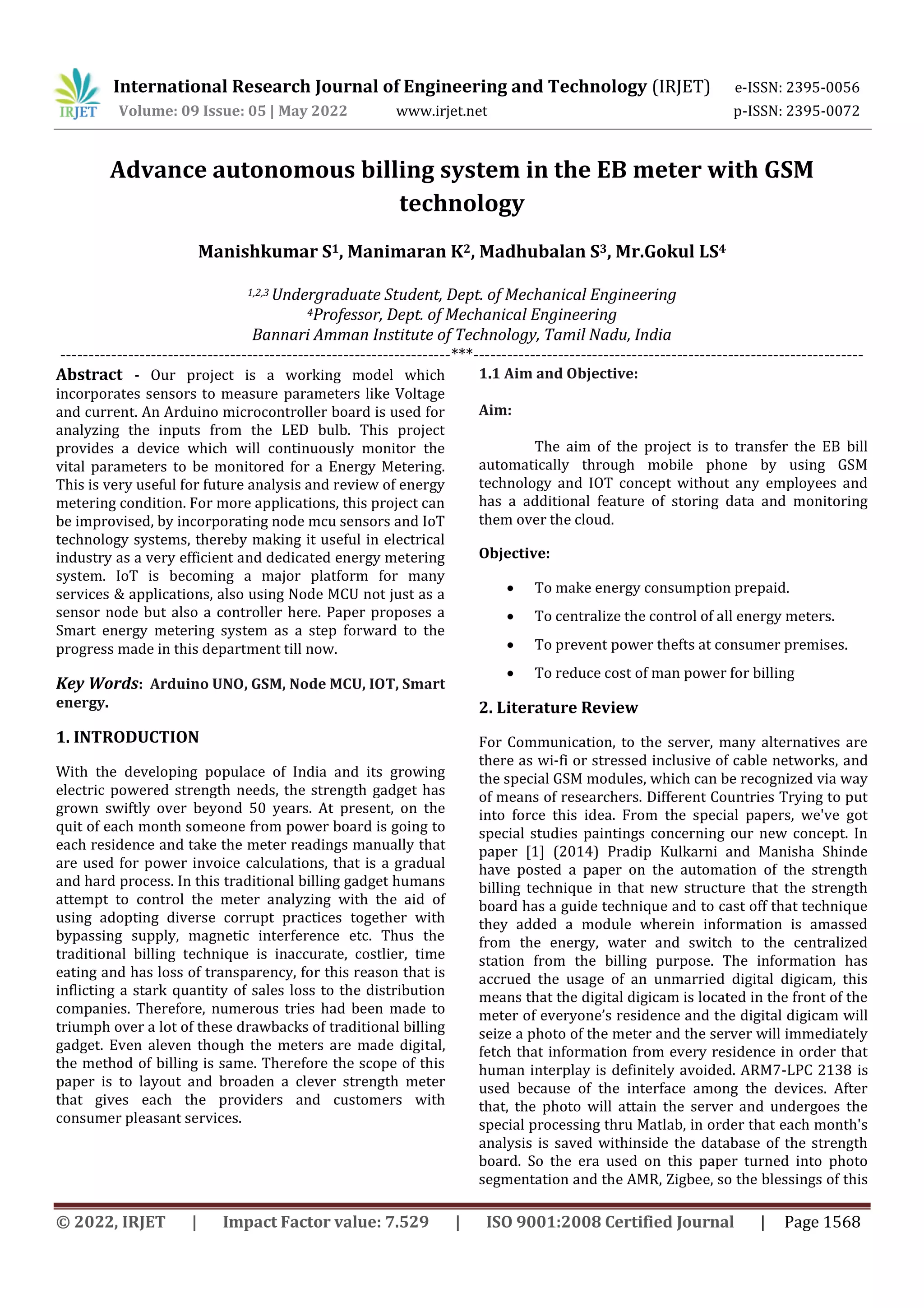 Advance autonomous billing system in the EB meter with GSM technology | PDF