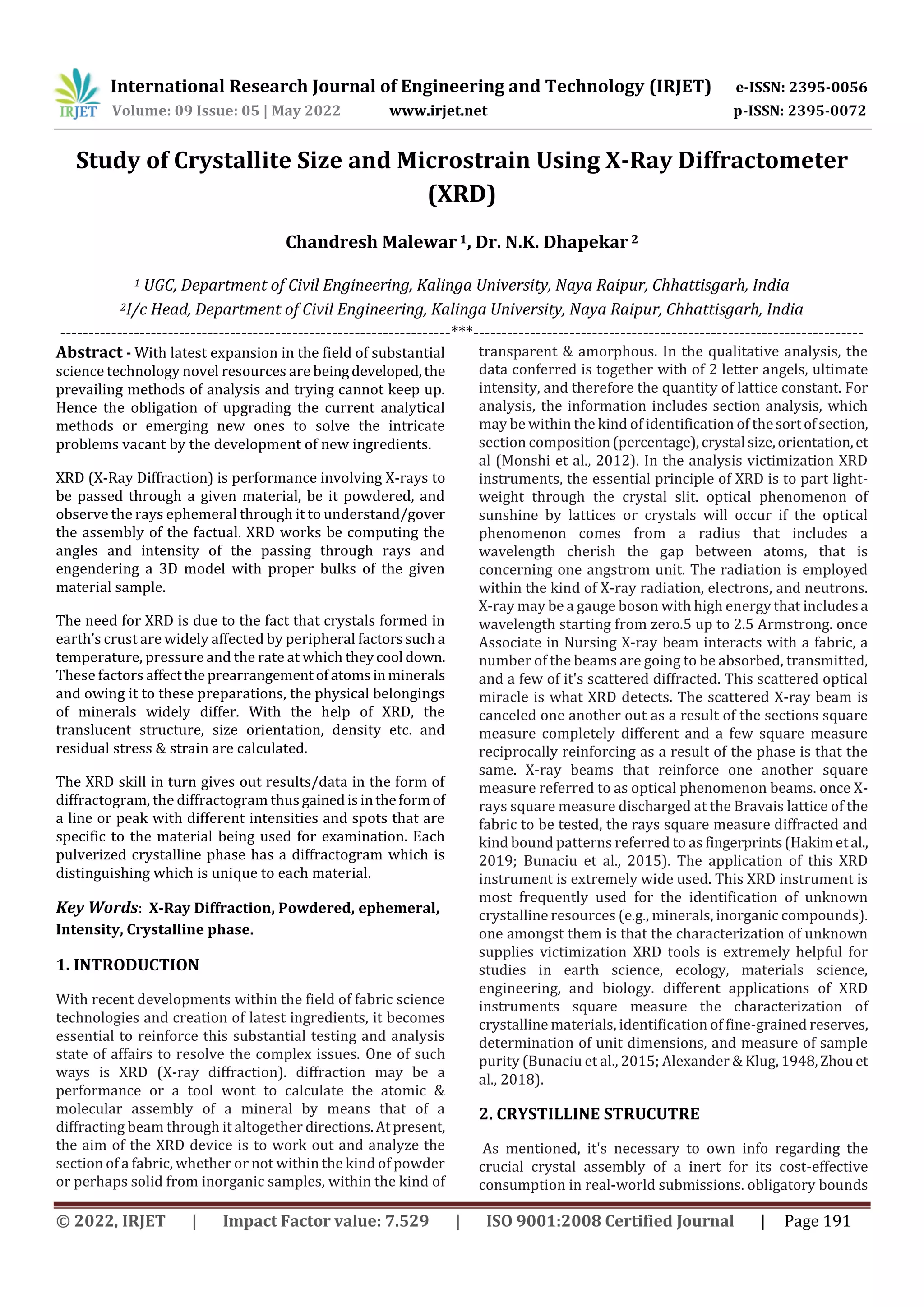 Study of Crystallite Size and Microstrain Using X-Ray Diffractometer (XRD) | PDF