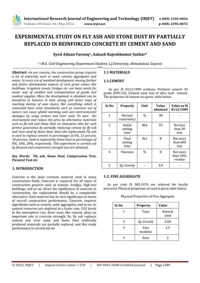 EXPERIMENTAL STUDY ON FLY ASH AND STONE DUST BY PARTIALLY REPLACED IN ...