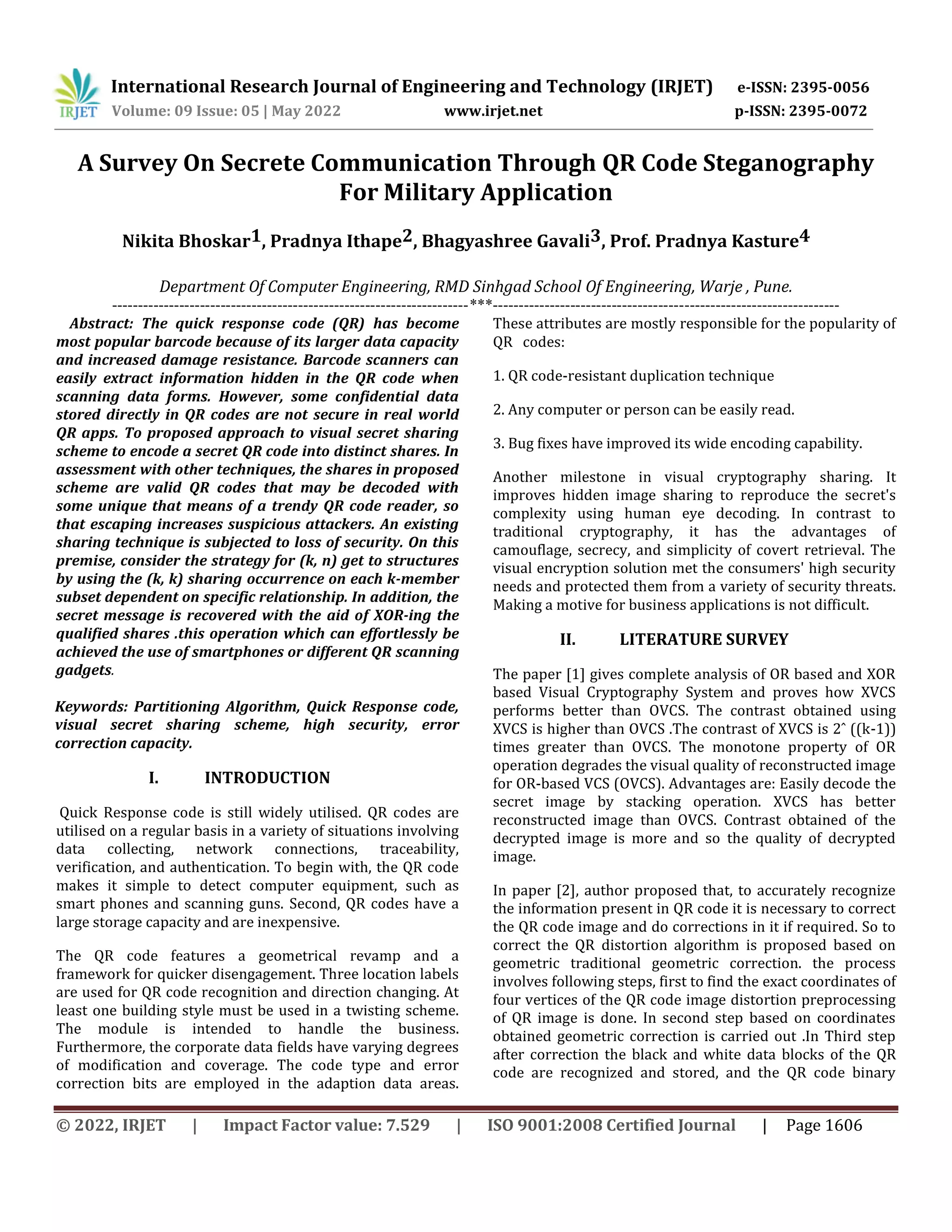 A Survey On Secrete Communication Through QR Code Steganography For Military Application | PDF