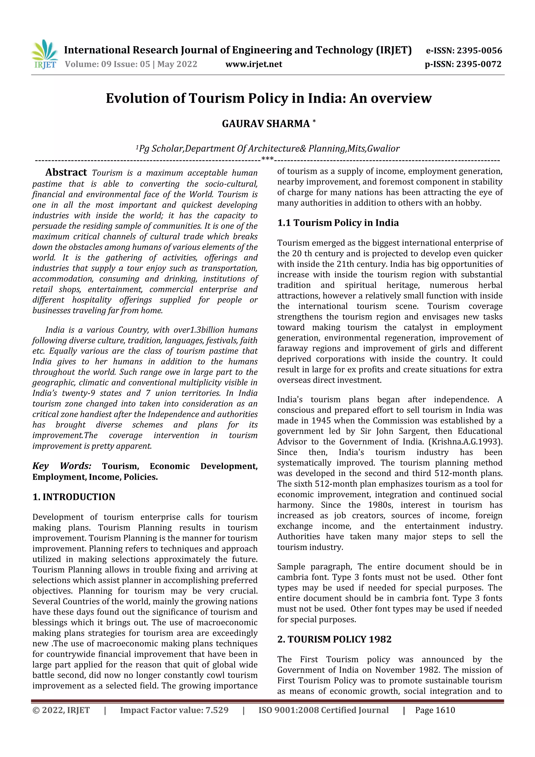 Evolution of Tourism Policy in India: An overview | PDF