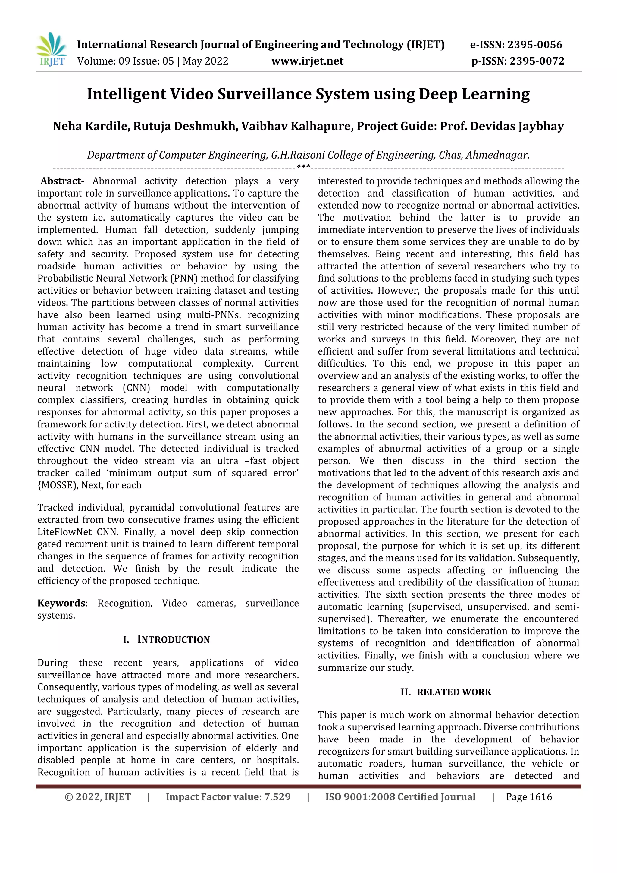 Intelligent Video Surveillance System using Deep Learning | PDF