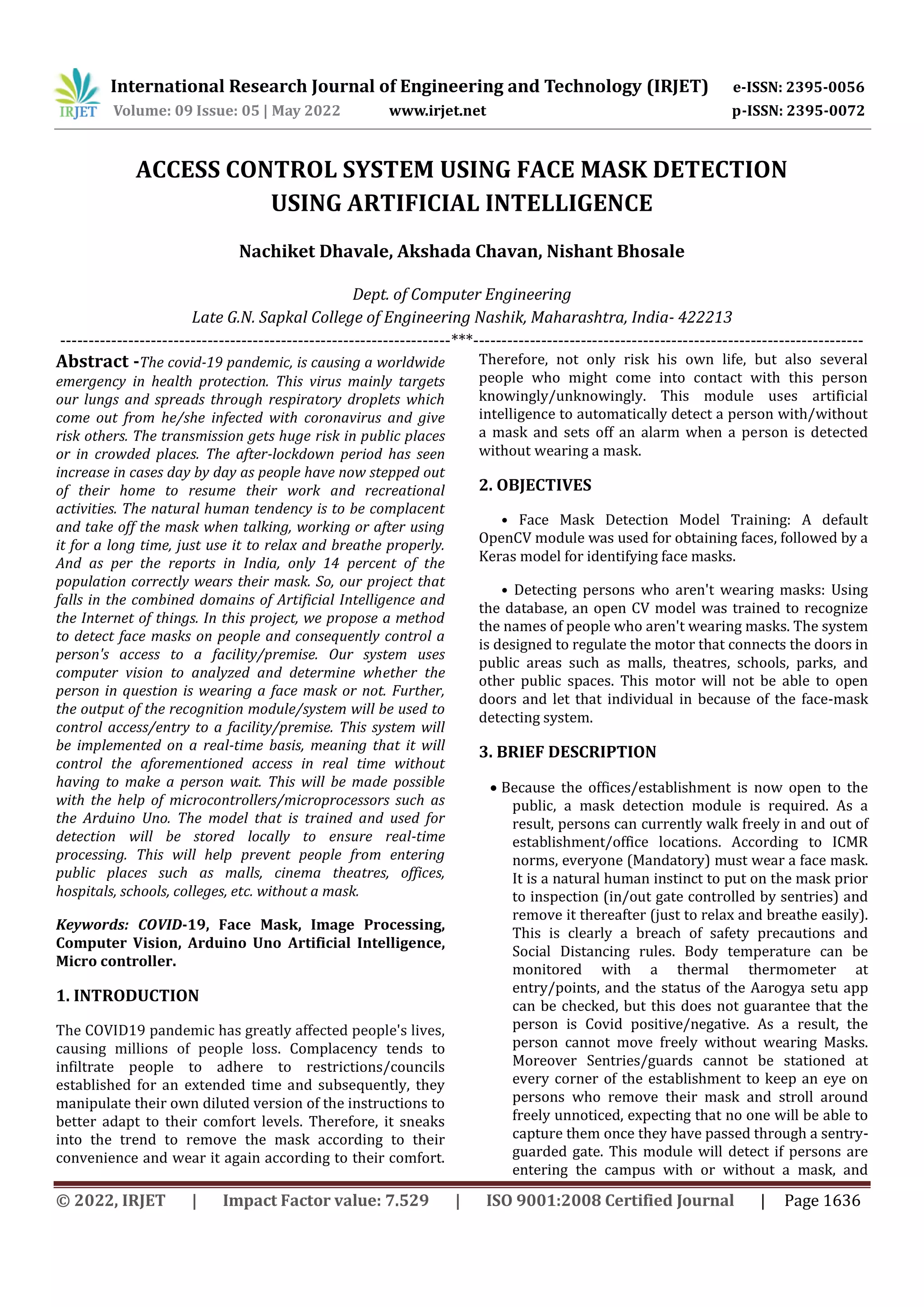 ACCESS CONTROL SYSTEM USING FACE MASK DETECTION USING ARTIFICIAL INTELLIGENCE | PDF | Infectious ...
