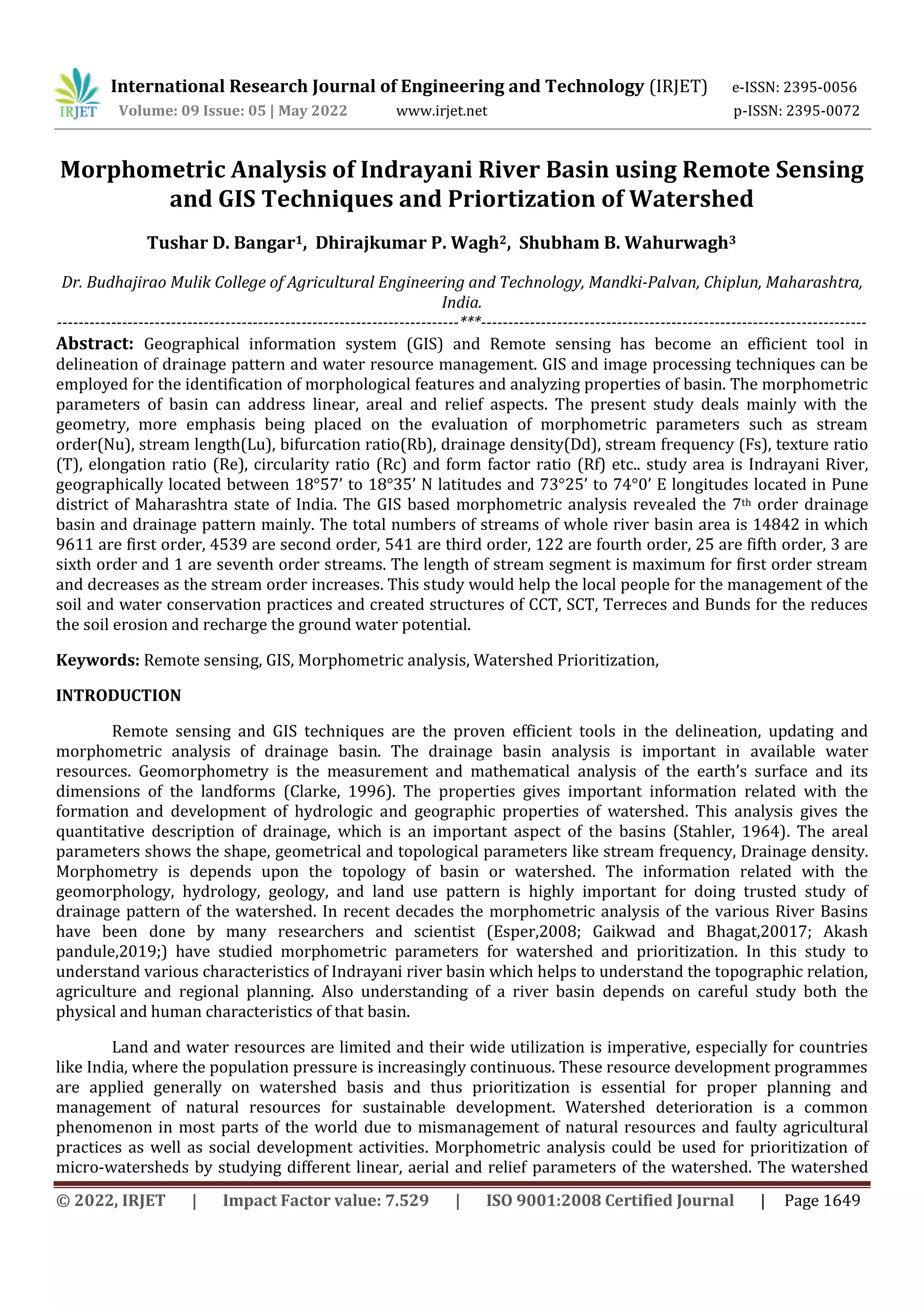 Morphometric Analysis Of Indrayani River Basin Using Remote Sensing And