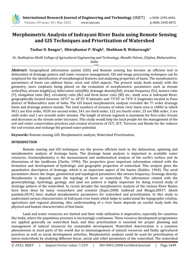 Morphometric Analysis of Indrayani River Basin using Remote Sensing and ...