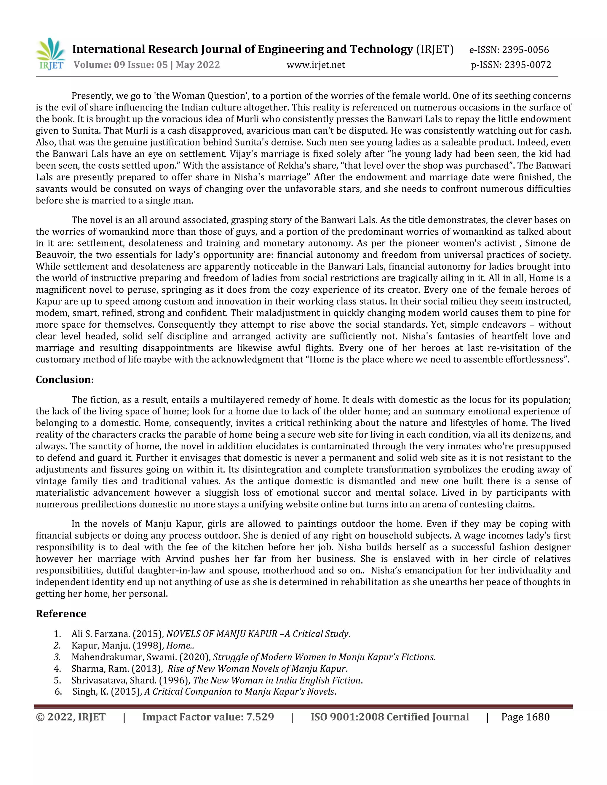 Feminist Struggle Against Biases in Manju Kapur’s Home | PDF